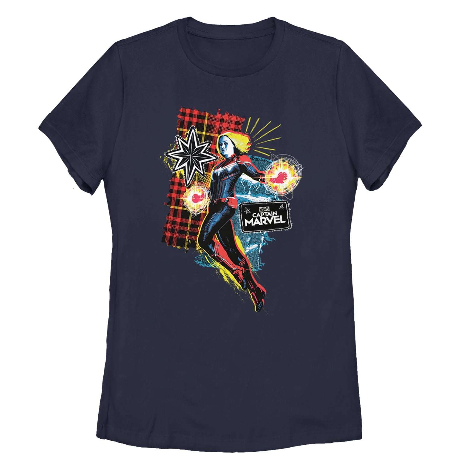 Women's Marvel Captain Marvel Flannel Patch Print Graphic Tee Navy Blue ...