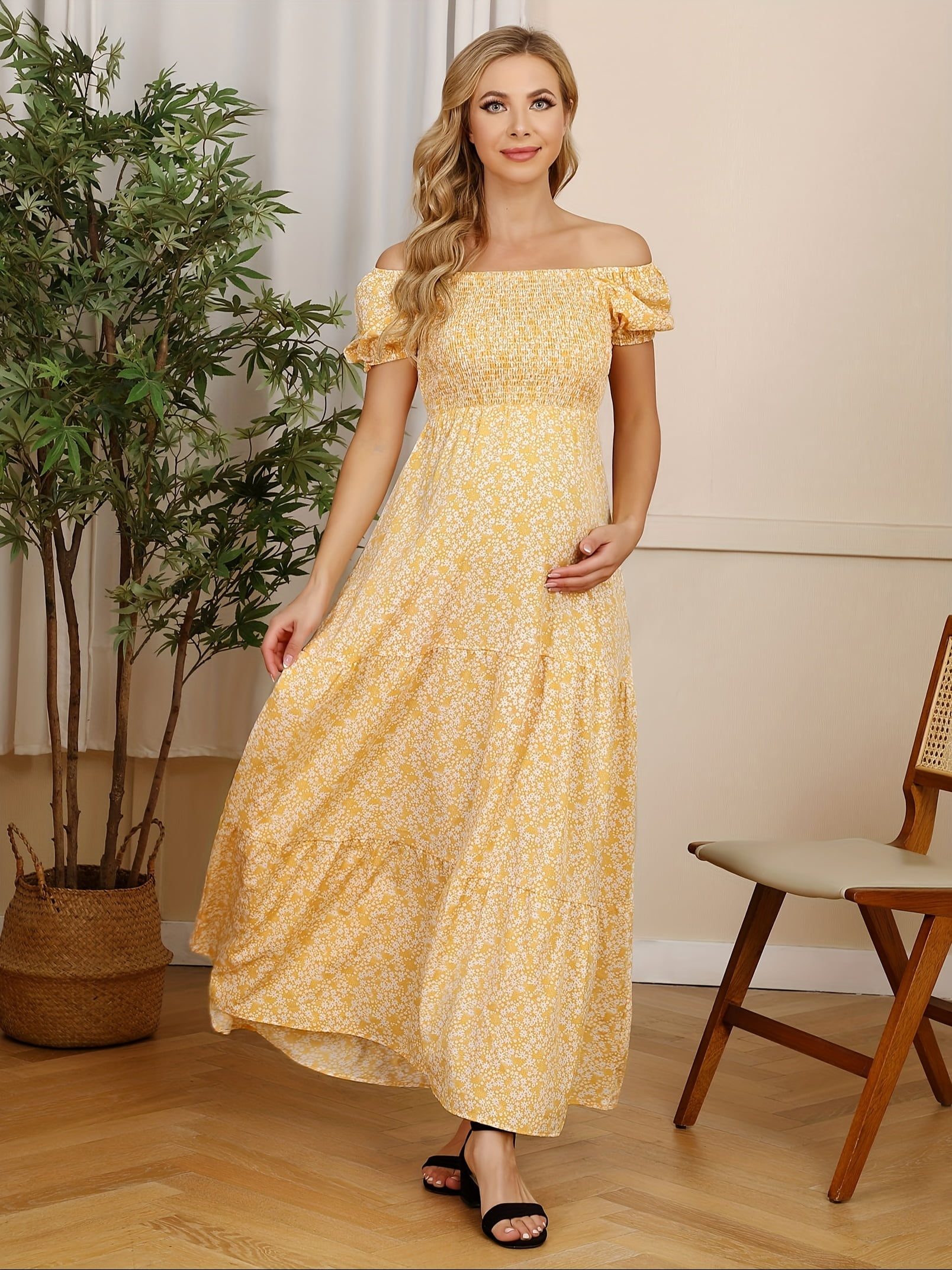 Women's Maternity Flowers Print Square Neck Maxi Dress For Summer ...