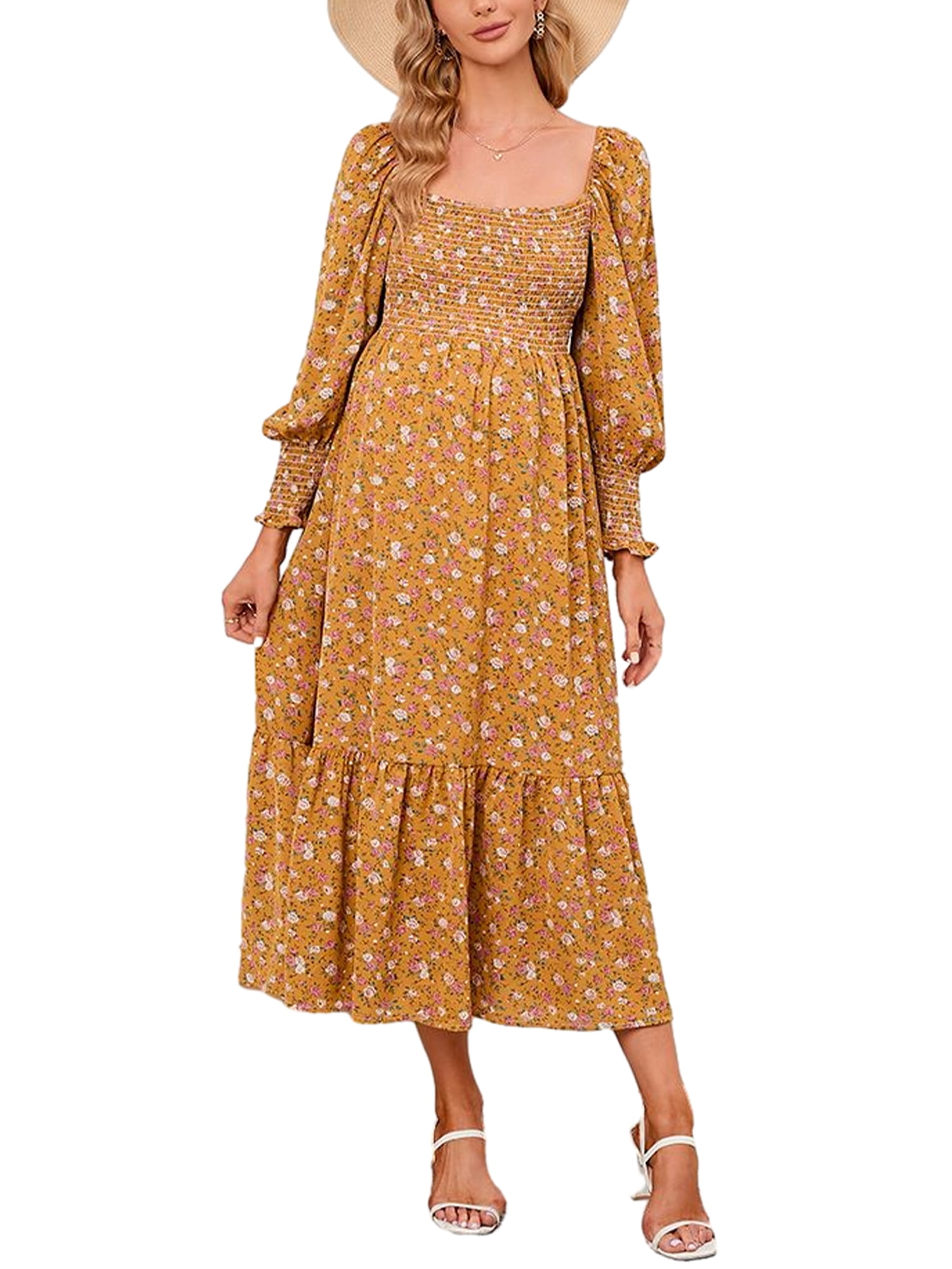 Women's Maternity Square Neck Flutter Strap Long Sleeve Dress Smocked Boho Ruffle Casual Midi ...