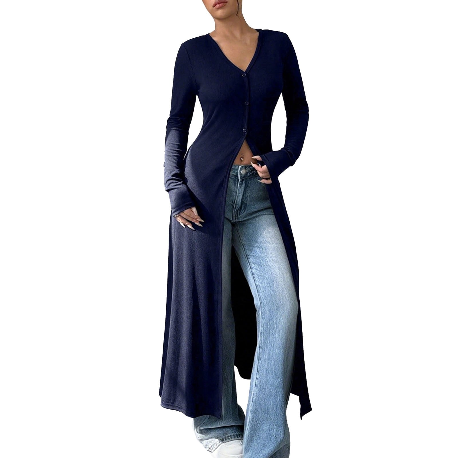 Women's Maxi Cardigan Button Down V Neck Casual Extra Long Open Front ...