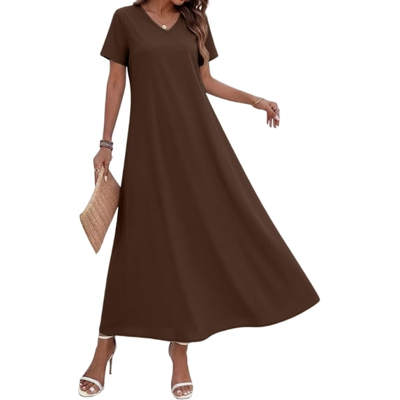 Women's Maxi Dresses, Short Sleeve, V-Neck, Long Linen Dresses, Loose ...