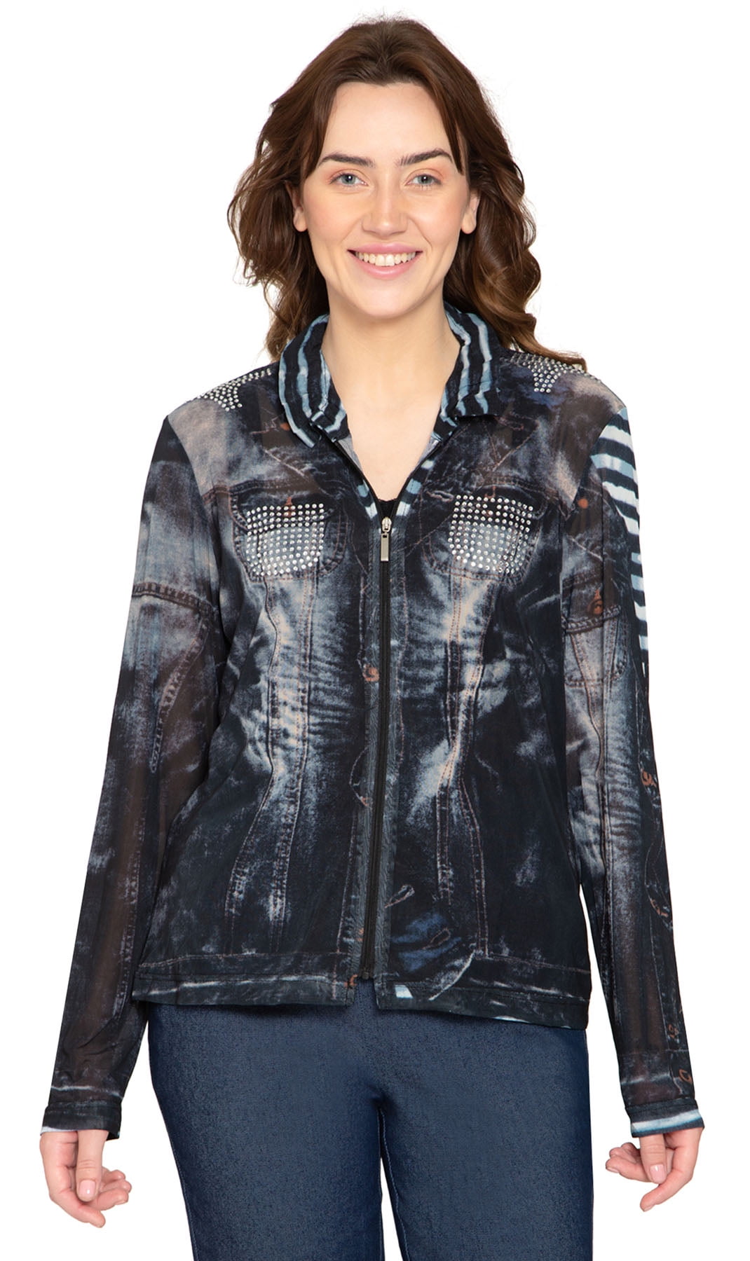 Women's Mesh Denim Look Printed Zip Front Jacket with Rhinestones ...