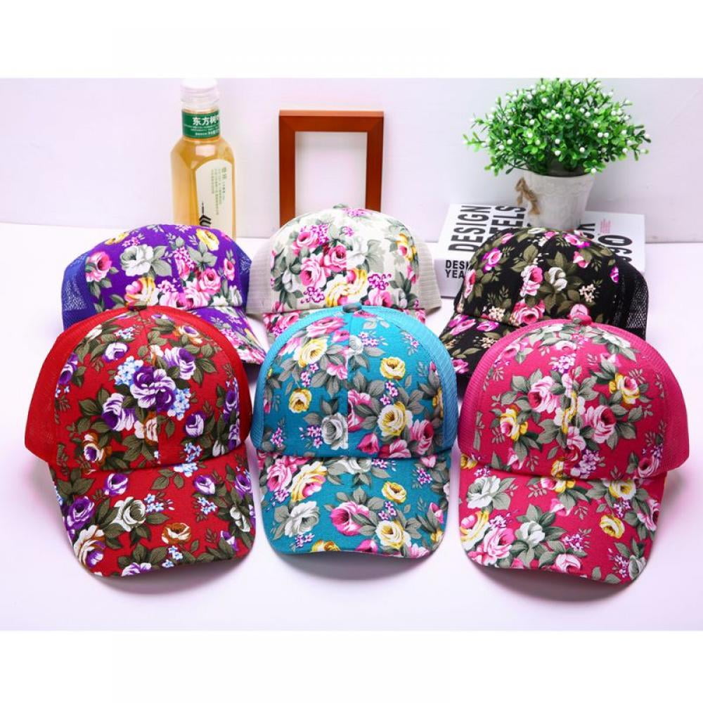 Women's Mesh Lace Flower Print Sun Hat Floral Trucker Baseball Cap Hat ...