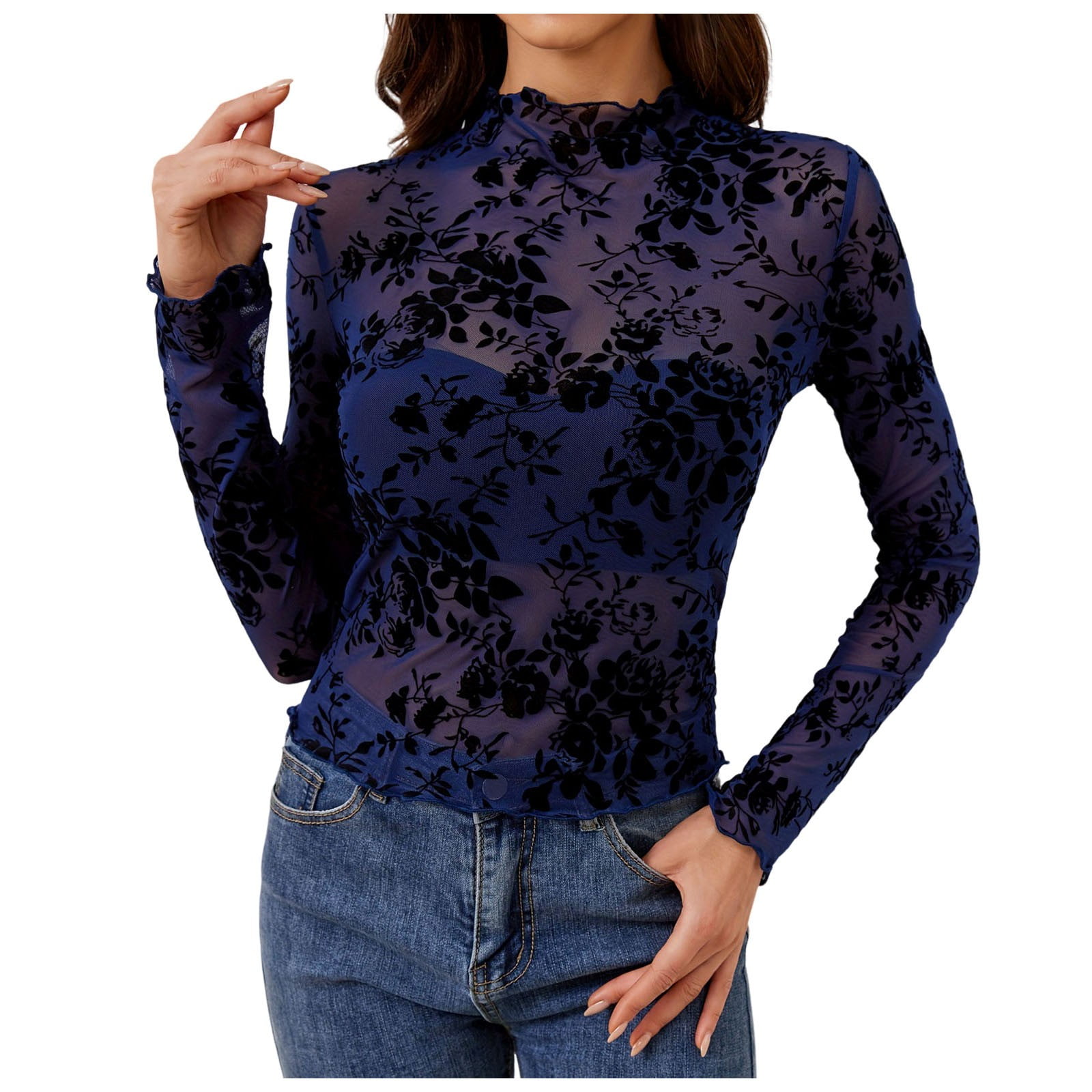 Women's Mesh Top Lace Sheer Mesh Blouse Transparent Shirt Black Women's ...