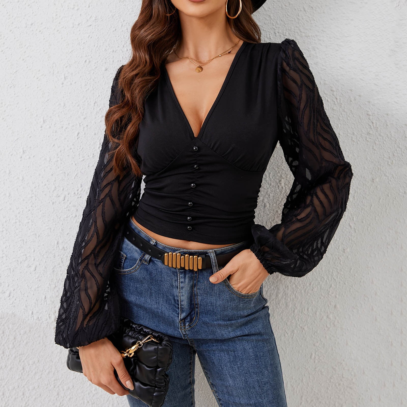 Women's Mesh Top Lace Sheer Mesh Blouse Transparent Shirt Black Women's ...