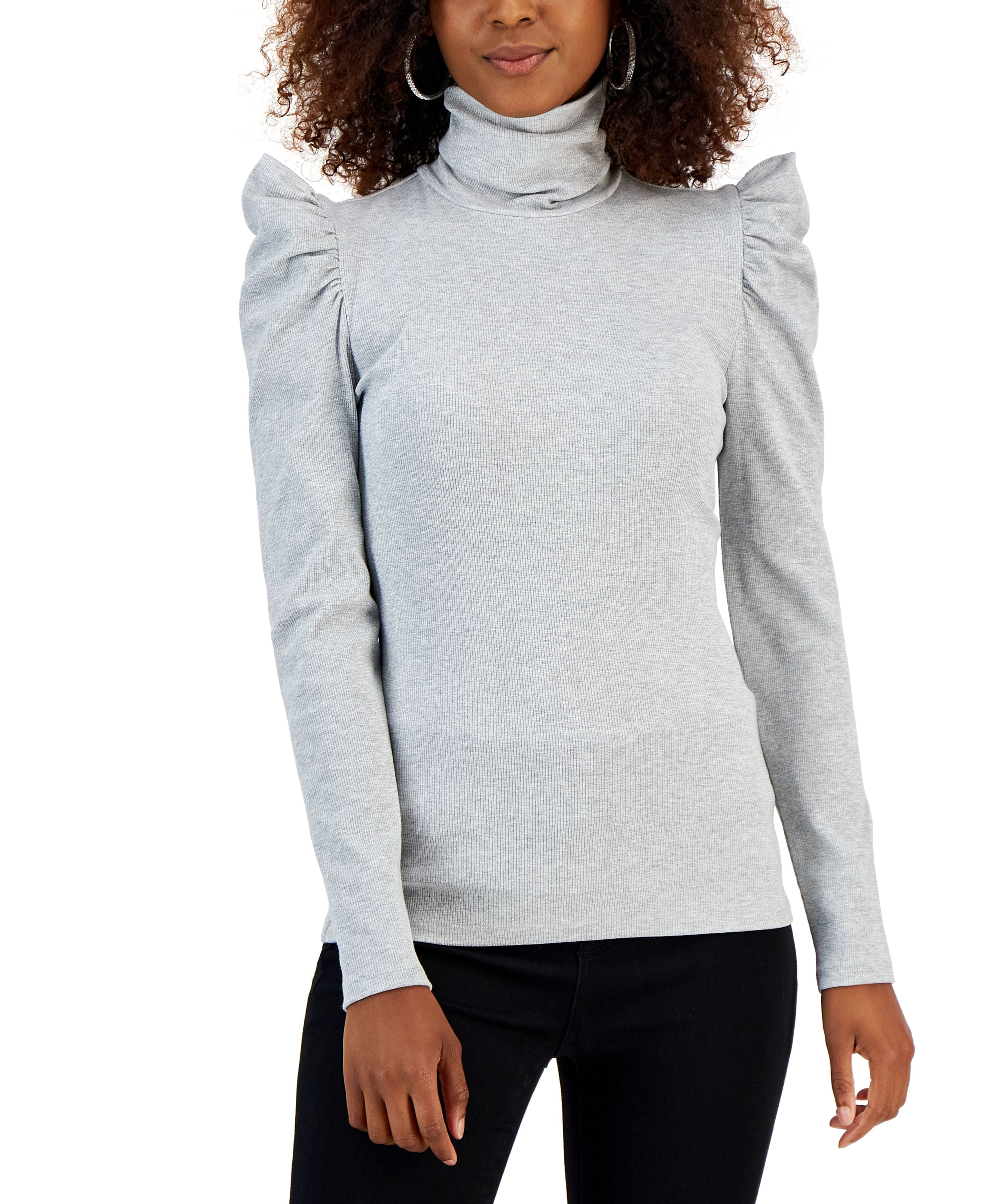 Women's Metallic Ribbed Puff-Sleeve Turtleneck Top Silver Metallic S ...
