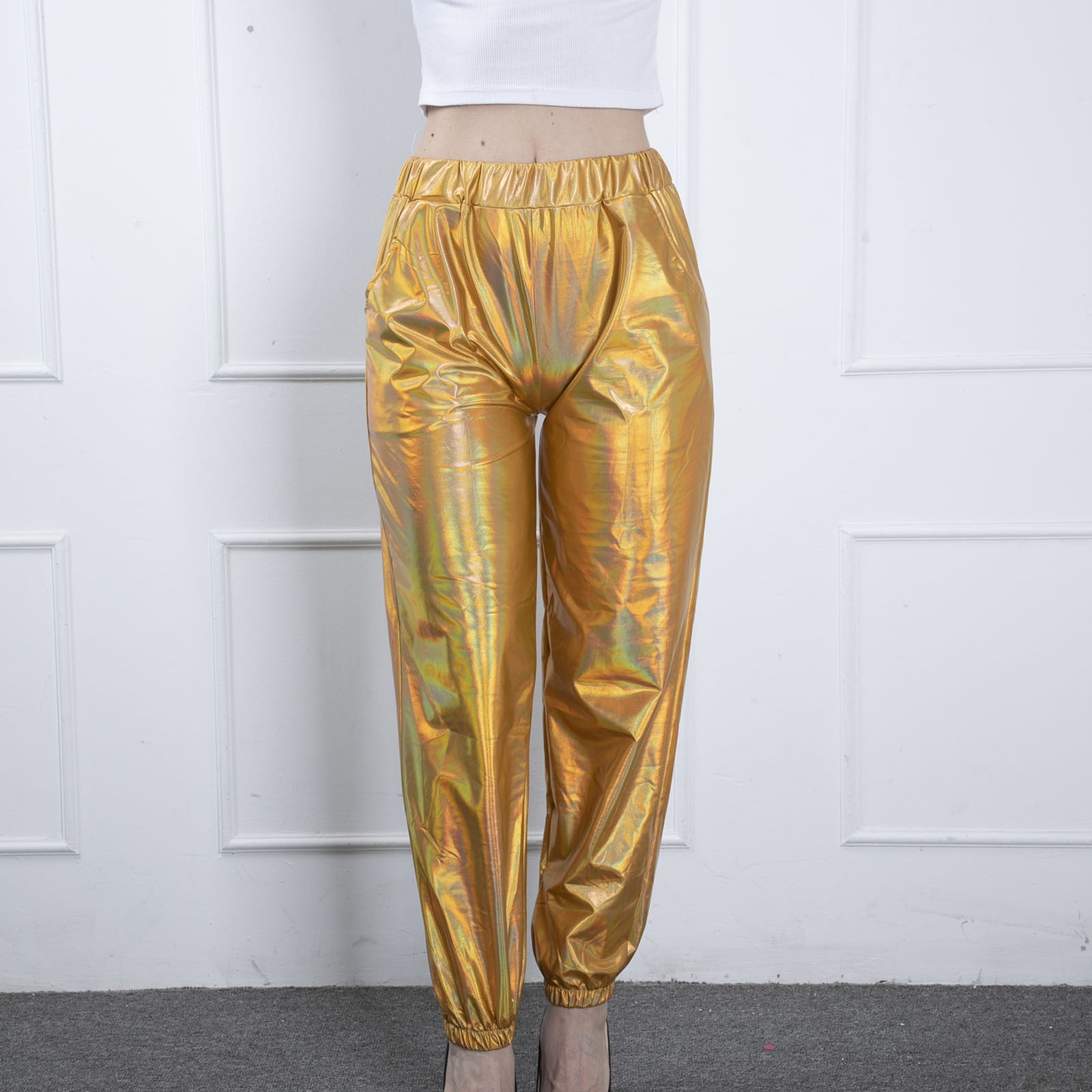 Women's Metallic Shiny Jogger Casual Holographic Color Streetwear Pants ...