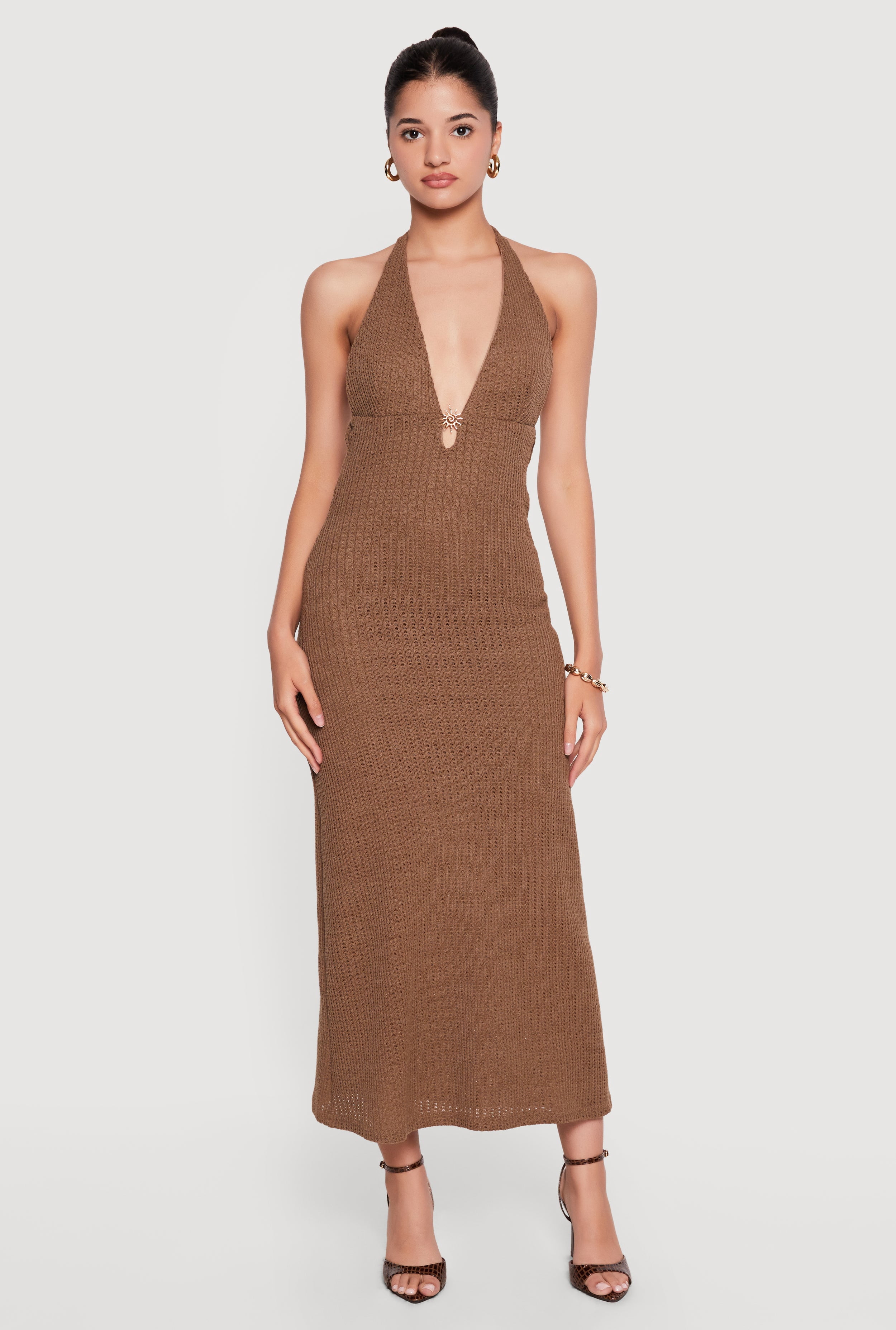 Women's Metallic Sun Pendant Halter Maxi Dress - Walmart.com