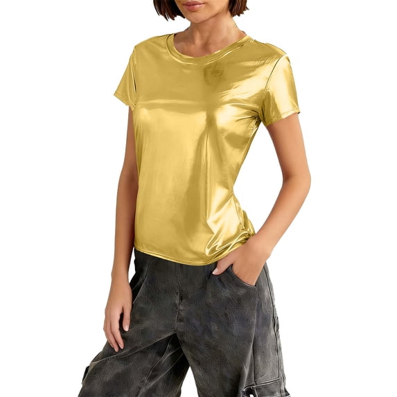 Women's Metallic Tops Fitted Shiny Short Sleeve Tees Crew Neck T-shirts ...