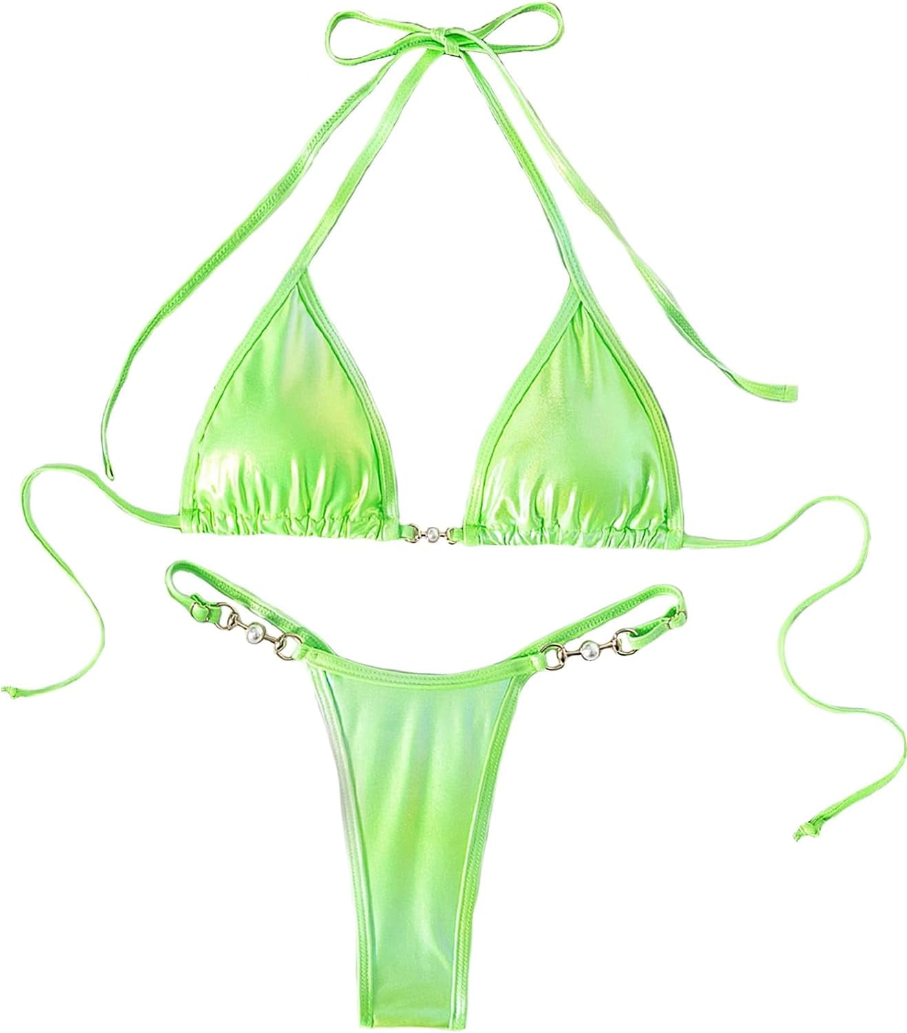 Women's Metallic Triangle Bikini Set Tie Knot Halter High Cut Bathing ...