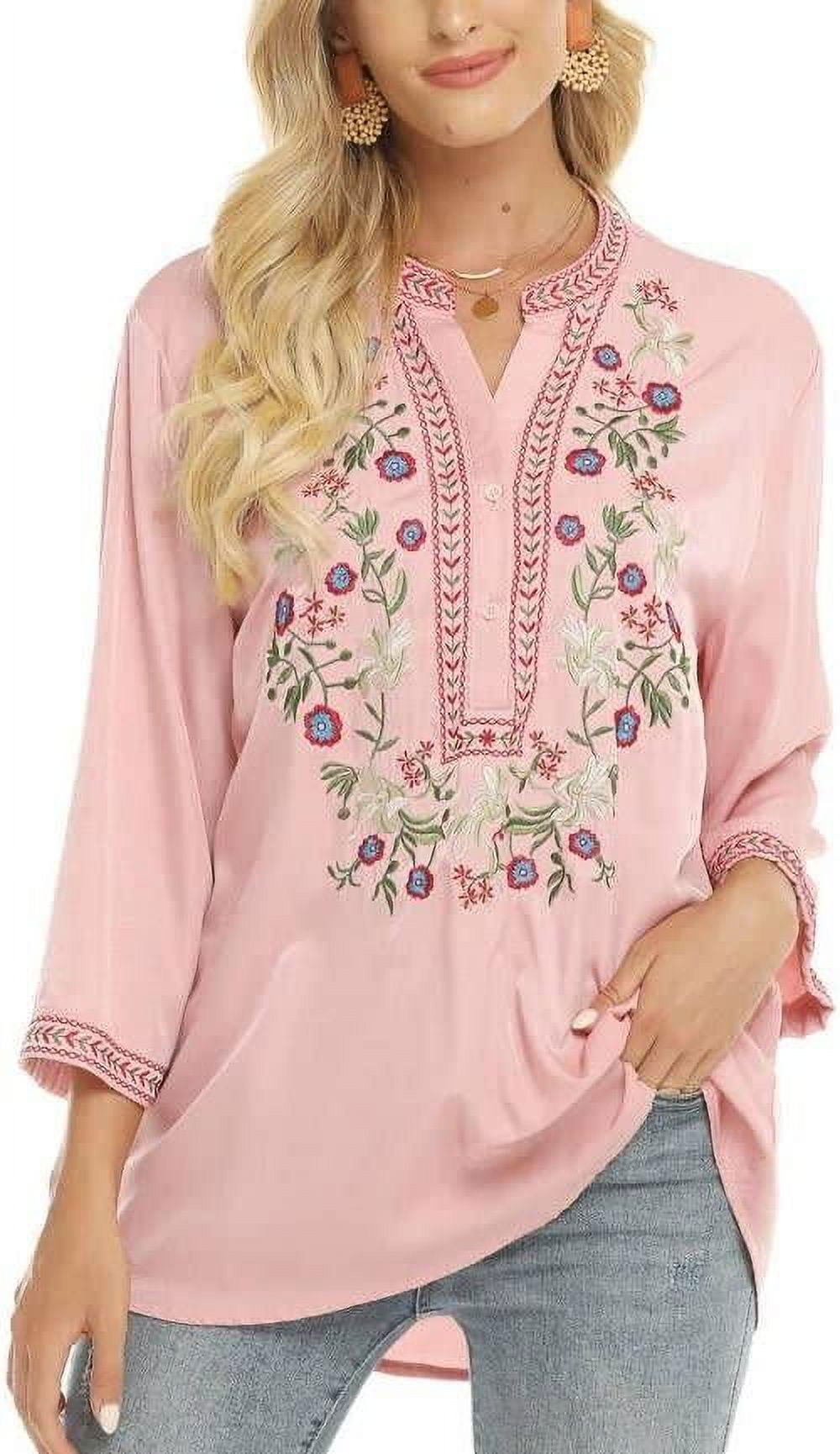 Women's Mexican Embroidered Tops Bohemian Clothes 3/4 Sleeve V Neck ...