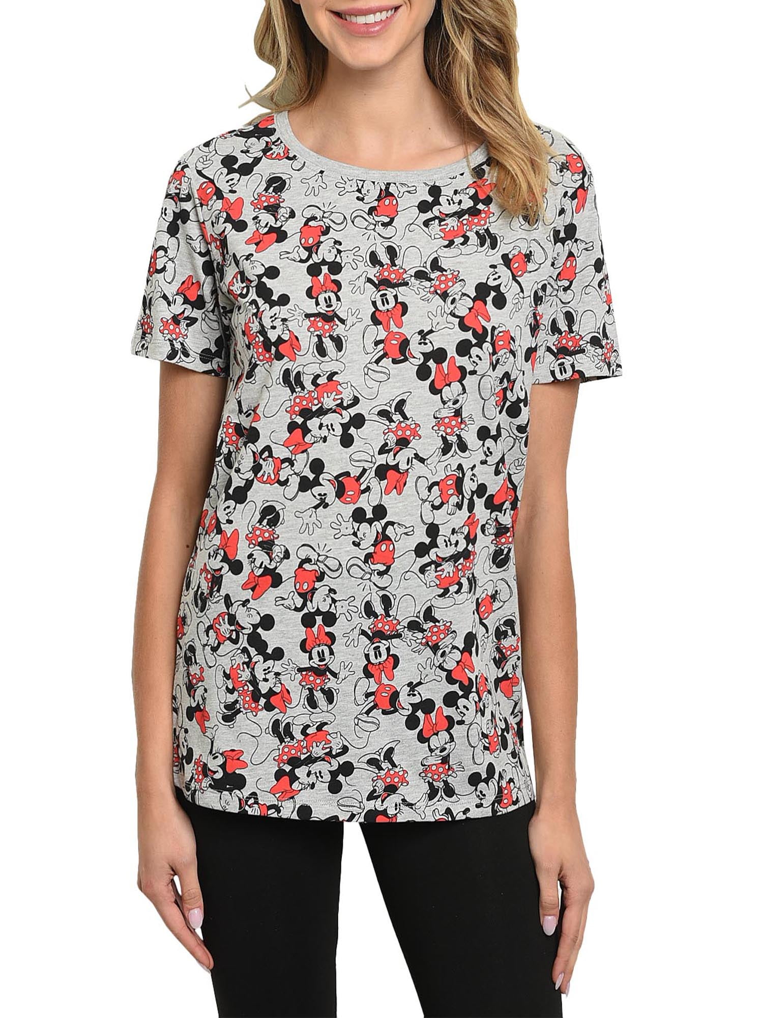 Women's Mickey & Minnie Mouse T-Shirt All Over Print Short Sleeve Gray ...