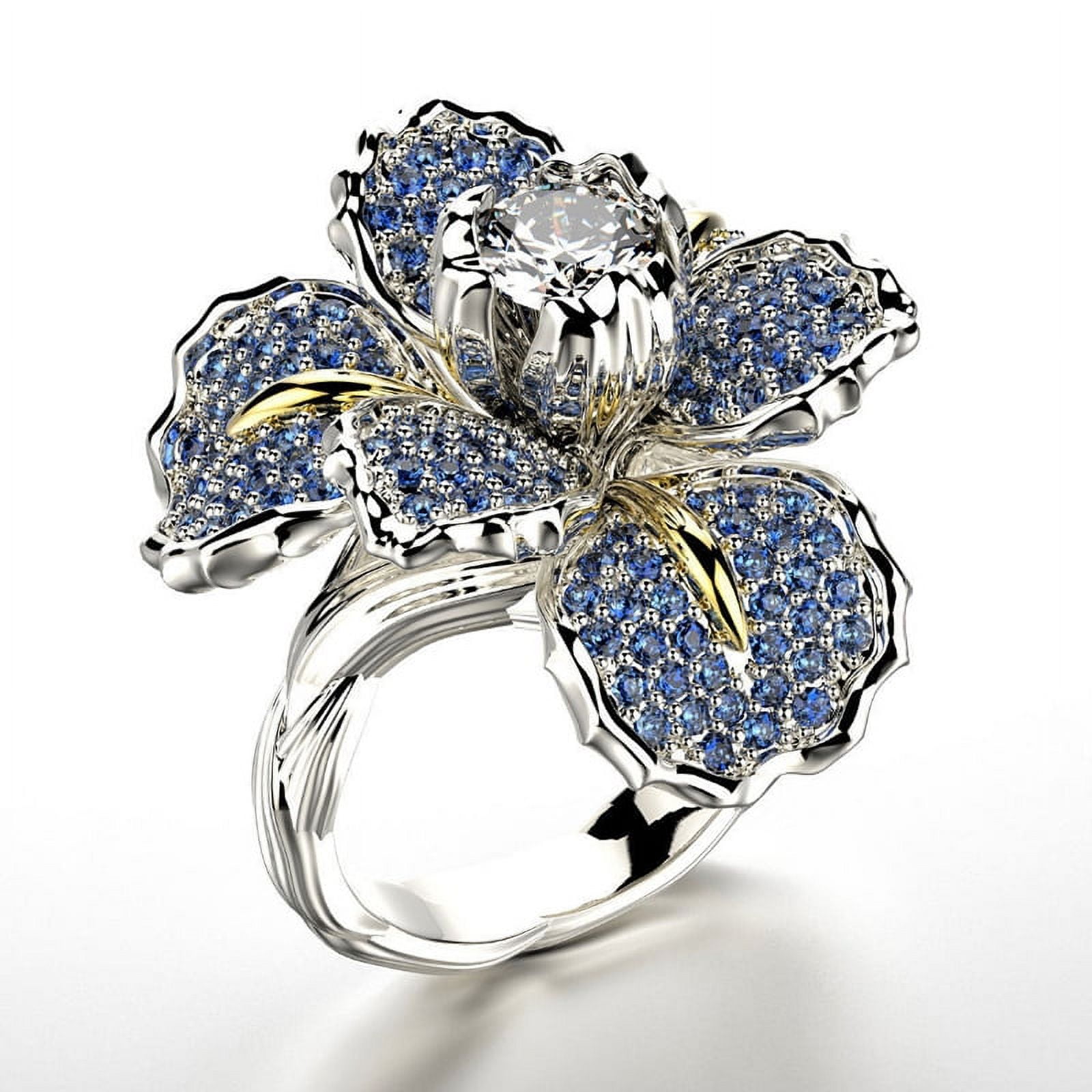 Women's Micro Pave Full Diamond Iris Two-Tone Blue Topaz Flower Ring ...