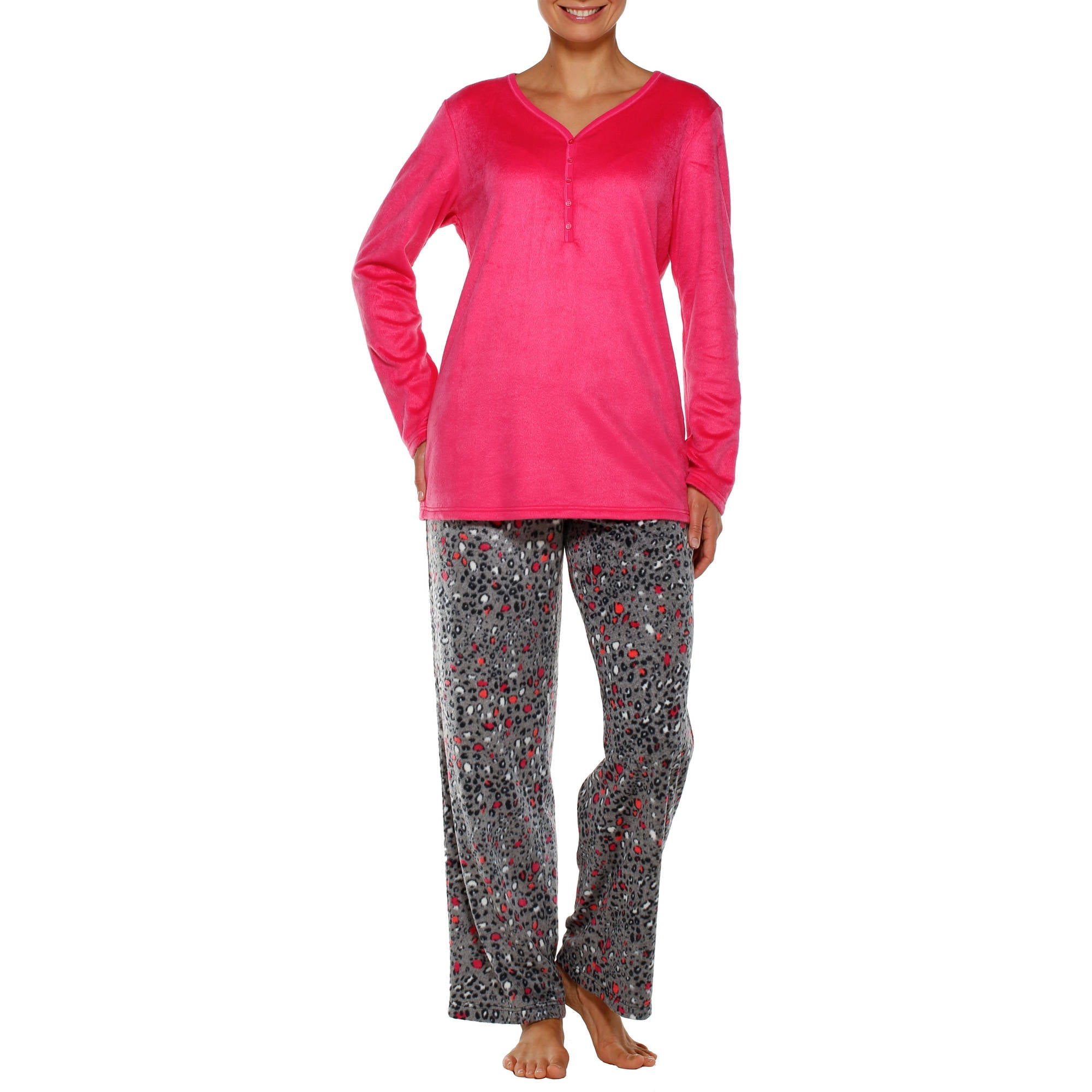 Women's Microfleece Henely Pajama Top and Sleep Pant 2 Piece Giftable ...