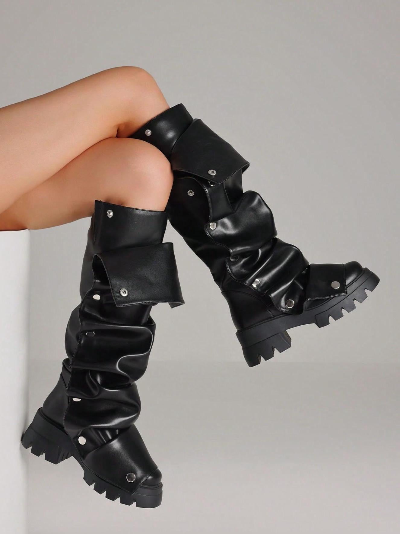 Women's Mid-Calf Platform Heels with Ruch Design, Knee-High Fold Over ...