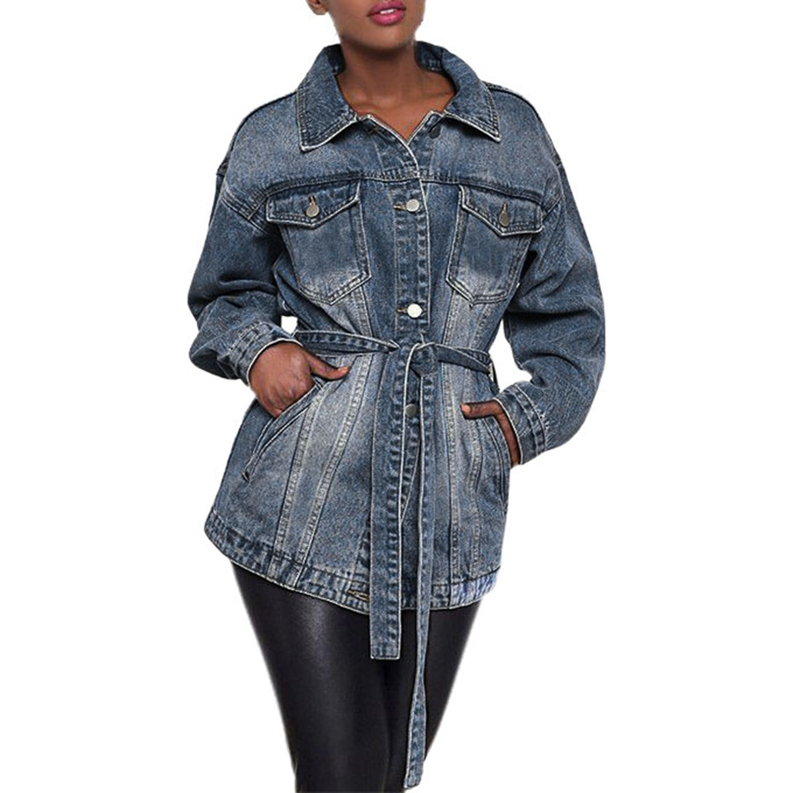 Women's Mid Length Casual Slim Fit Turn Down Denim Jacket With Waist ...