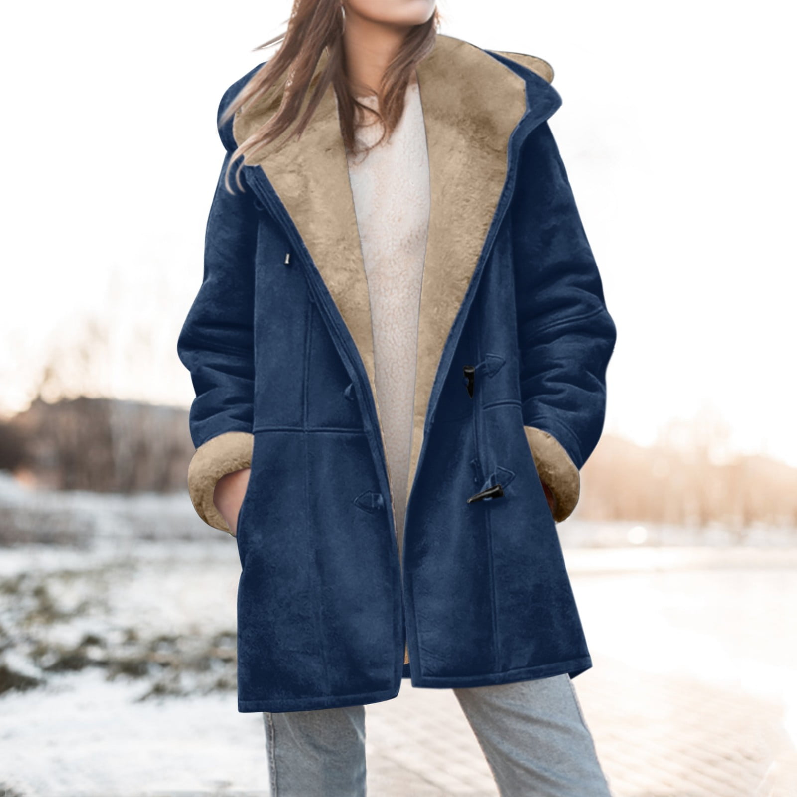 Women's Mid-Length Fleece Jacket, Plush Lined Hooded Coat, Unique Cone ...