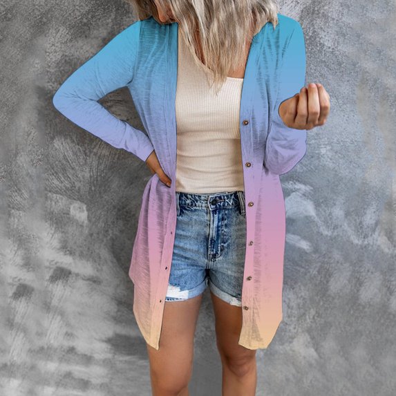 Women's Mid-Length Gradient Color Cardigan, Open Front Button Down Knit ...