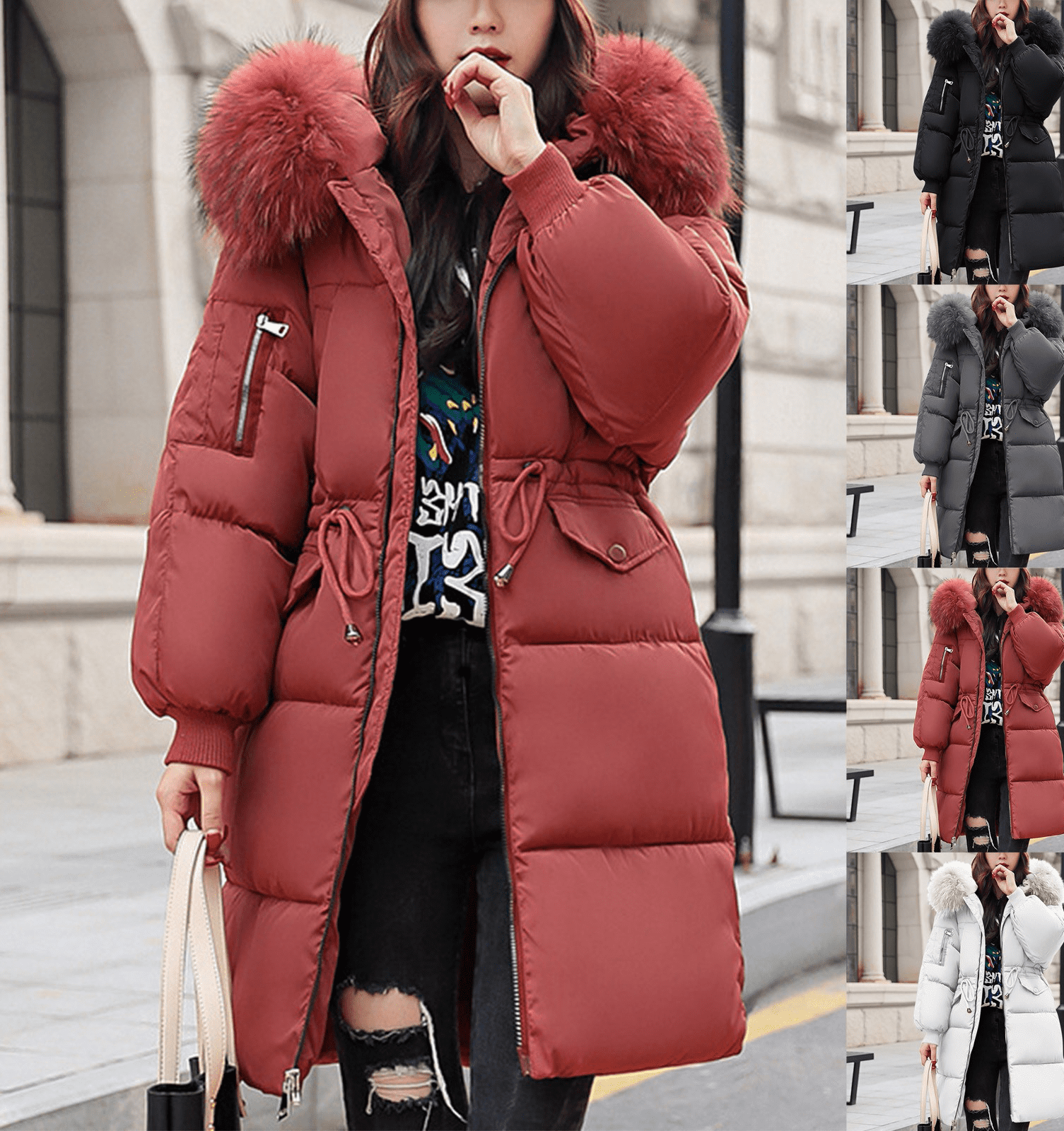 Women's Mid-Length Hooded Parka with Detachable Faux Fur Trim ...