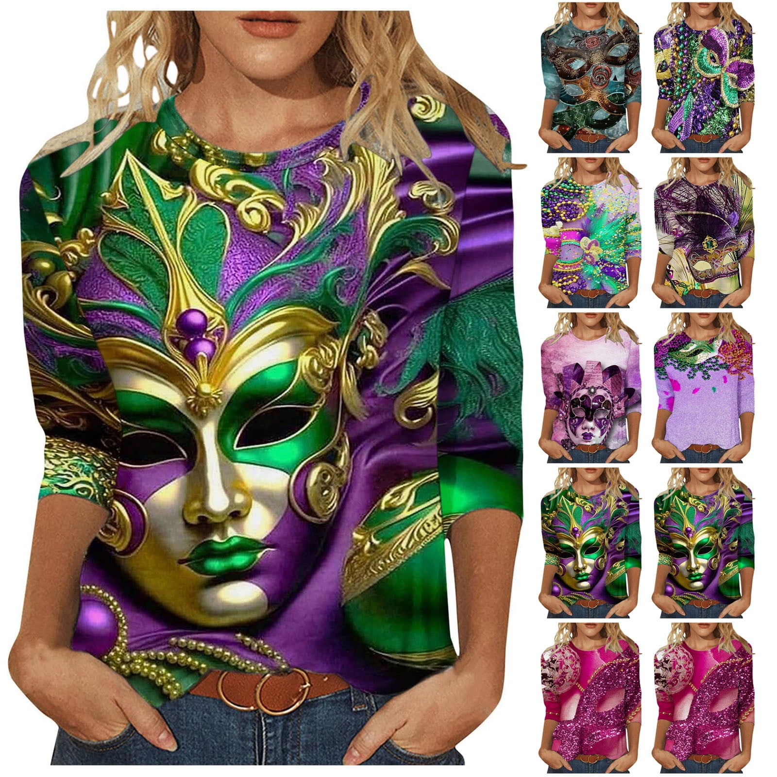 Women's Mid-Short 3/4 Sleeve Round Neck Top, Carnival Loose Printed T ...