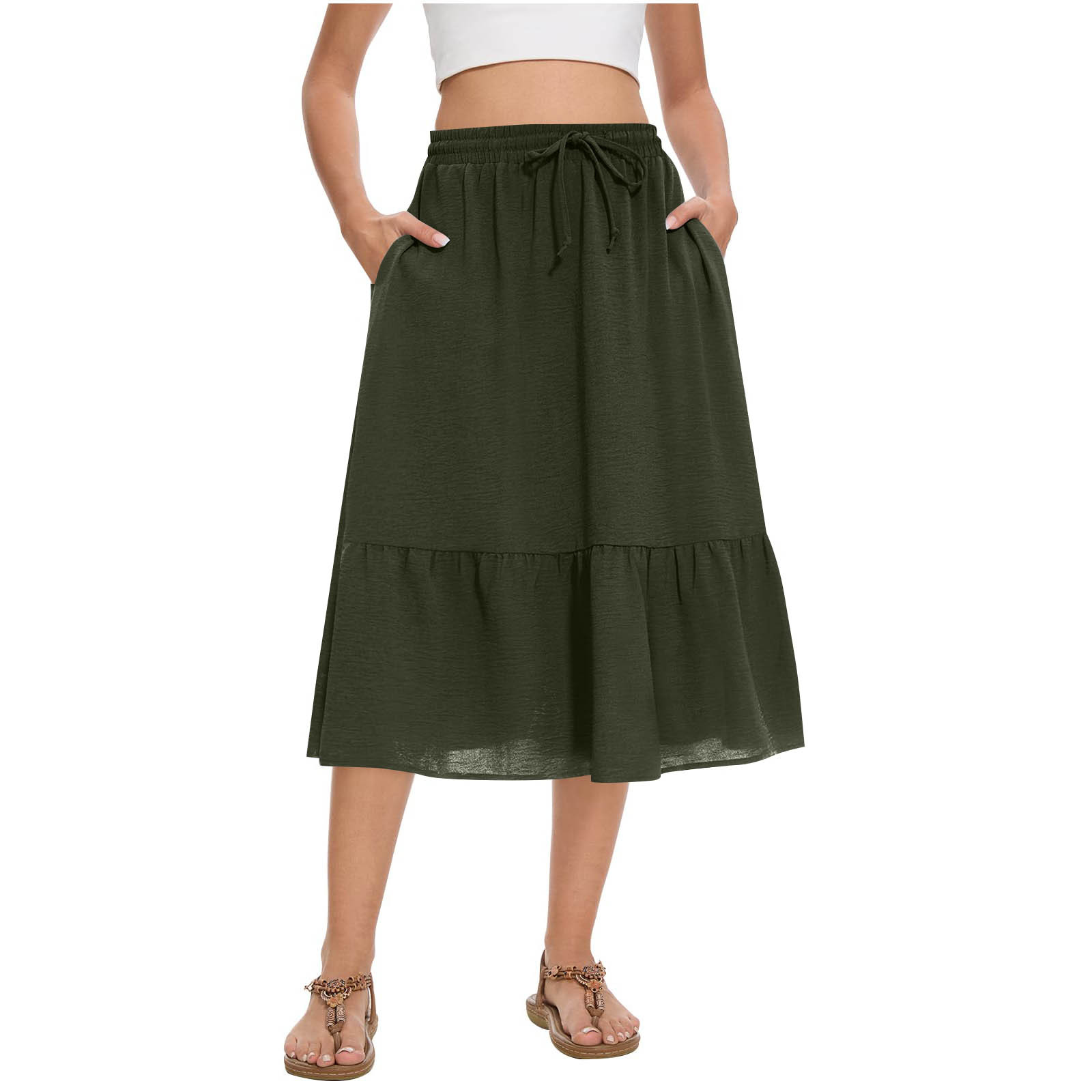 Women's Midi Skirt Summer Tiered Flowy 2025 High Waisted Casual Solid ...