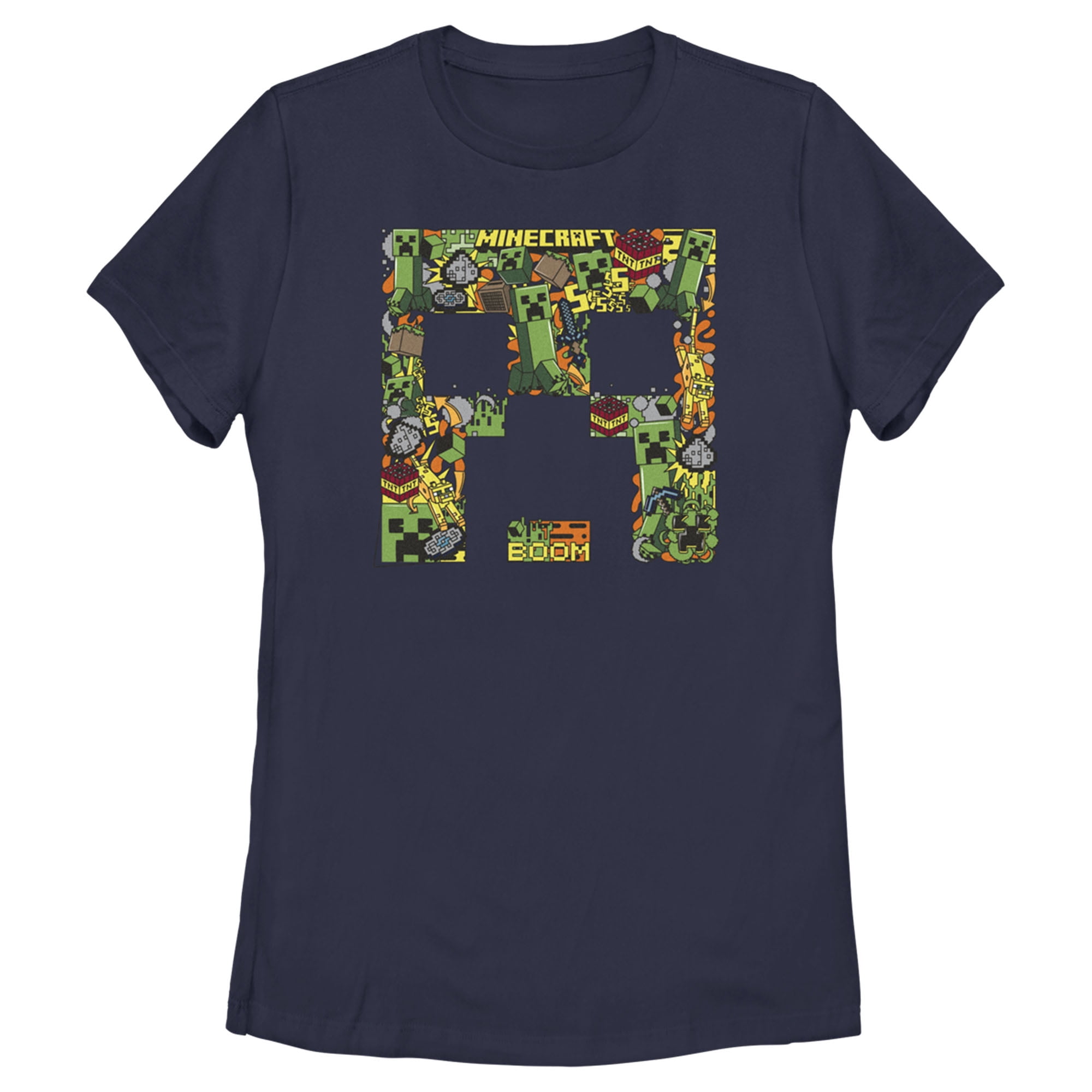 Women's Minecraft Creeper Face Collage Graphic Tee Navy Blue Large ...