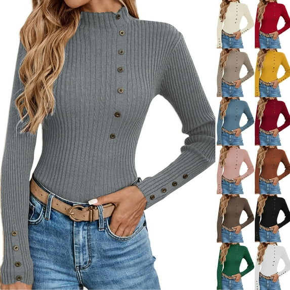 Women's Mock Turtleneck Sweater Ribbed Knit Long Sleeve, Basic Slim Fit ...