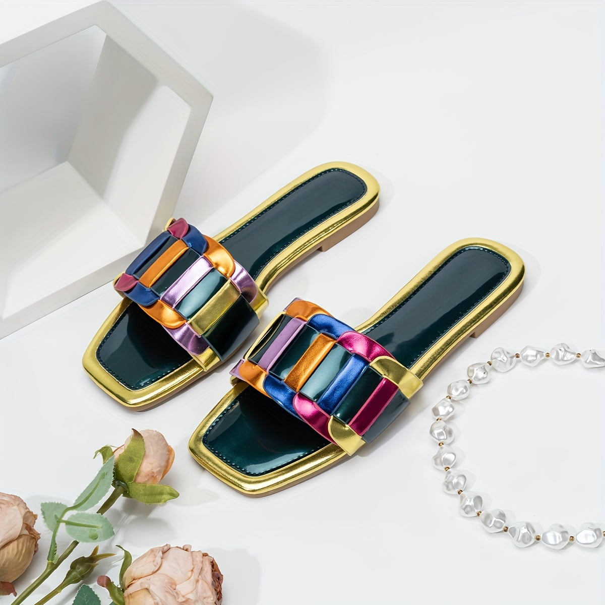 Women's Multi Color Strappy Back Slide Sandals, Casual Slip On Flat ...