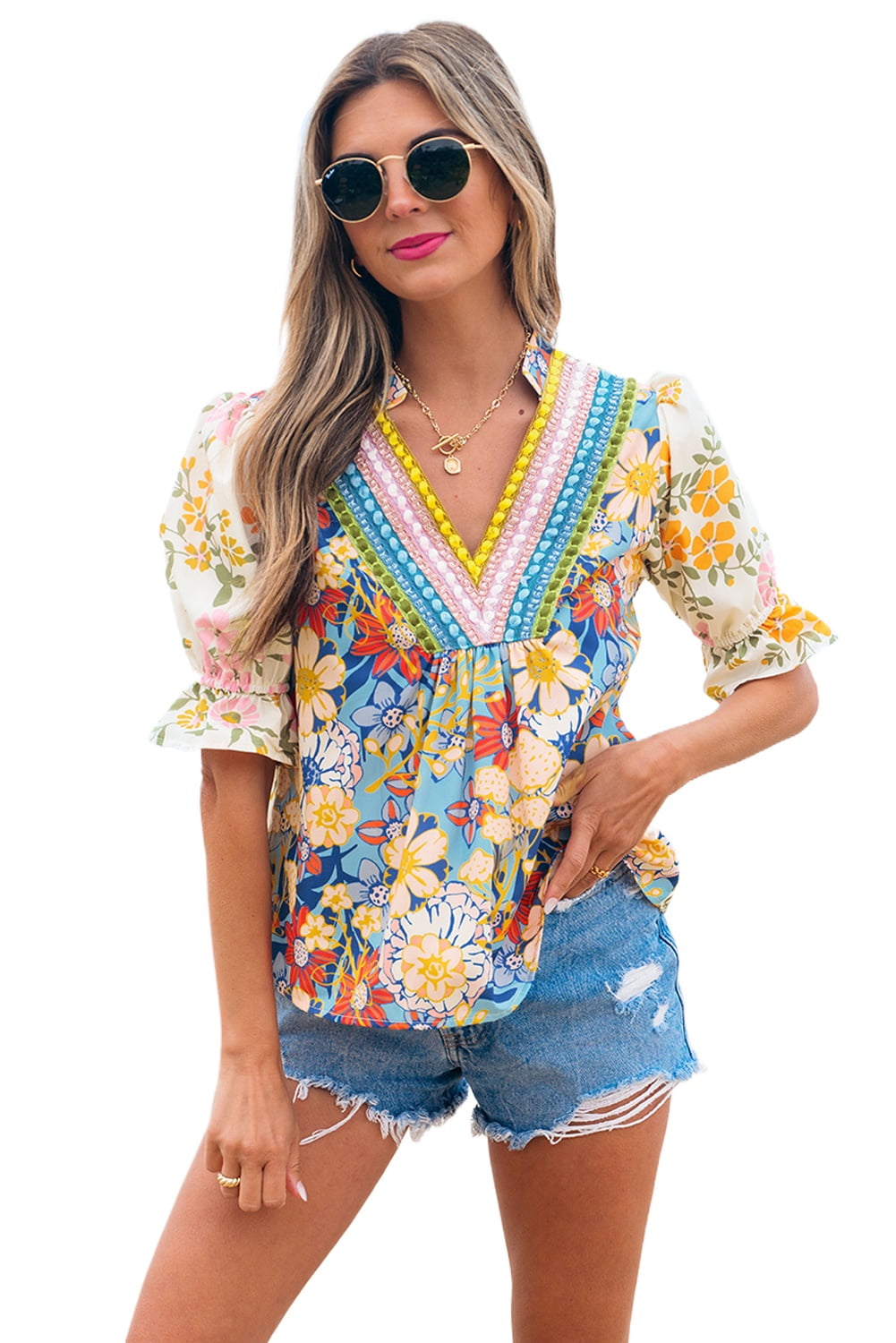 Women's Multicolor Crochet V Neck Half Sleeve Boho Floral Blouse ...