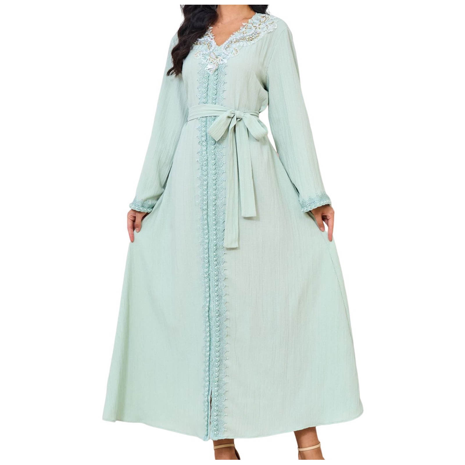 Women's Muslim Dress Mandarin Collar Long Sleeve Islamic Maxi Dress ...