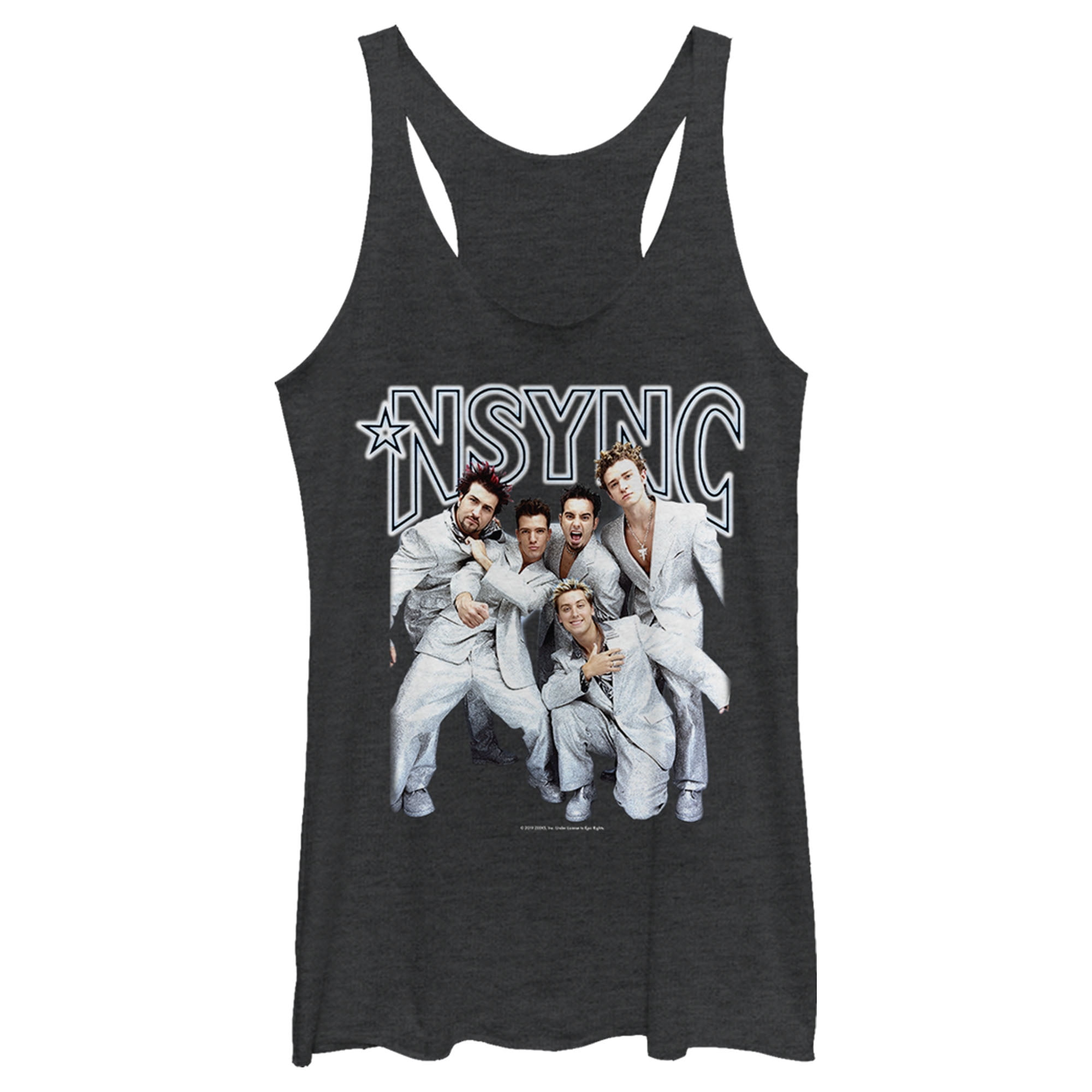 Women's NSYNC Iconic White Suits Racerback Tank Top Black Heather Large ...