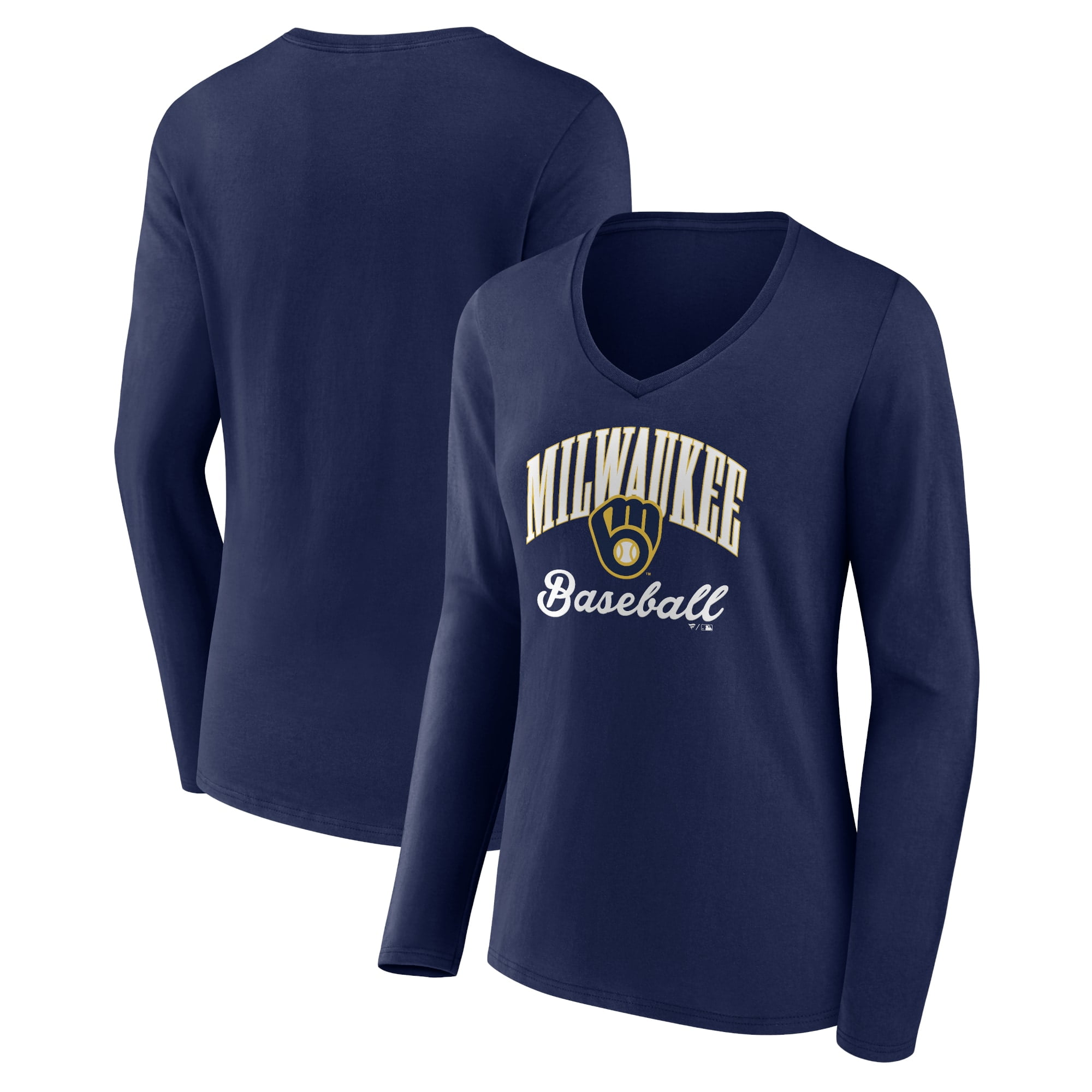 Women's Navy Milwaukee Brewers Victory Script Long Sleeve V-Neck T ...