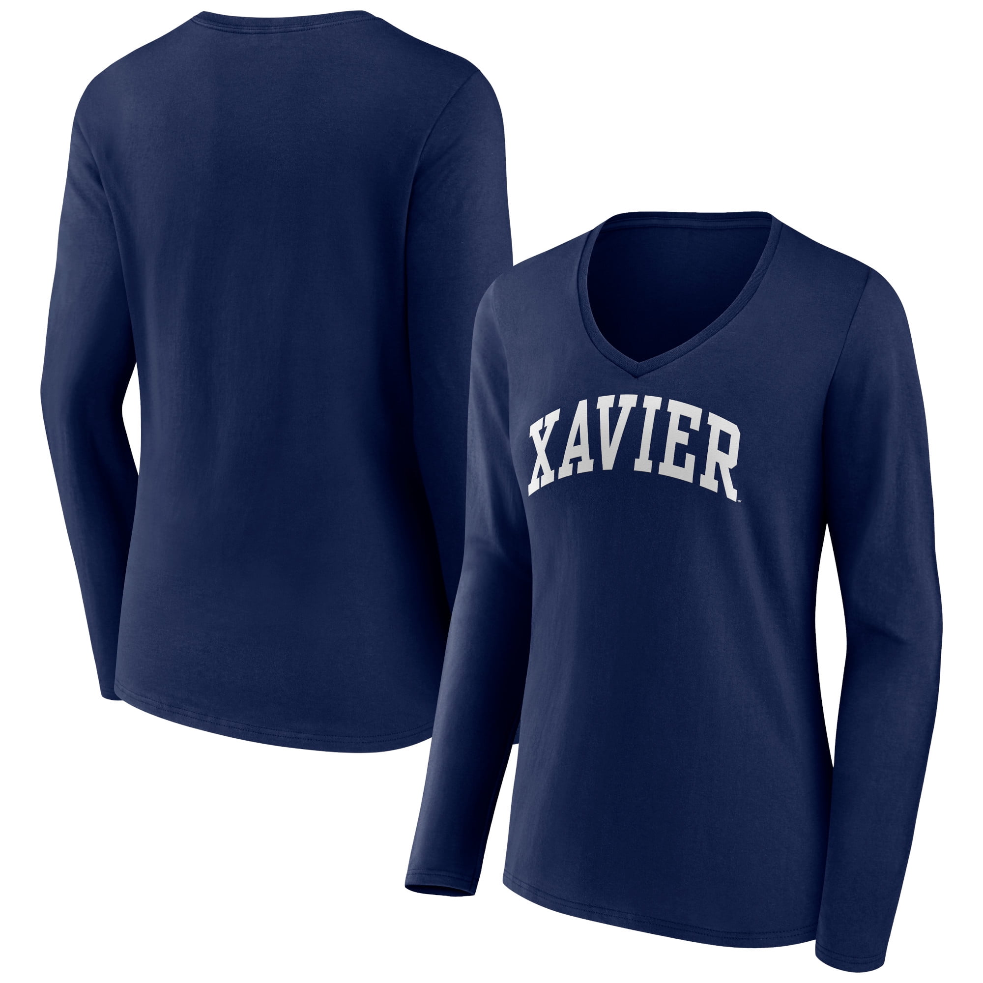 Women's Navy Xavier Musketeers Basic Arch Long Sleeve V-Neck T-Shirt ...