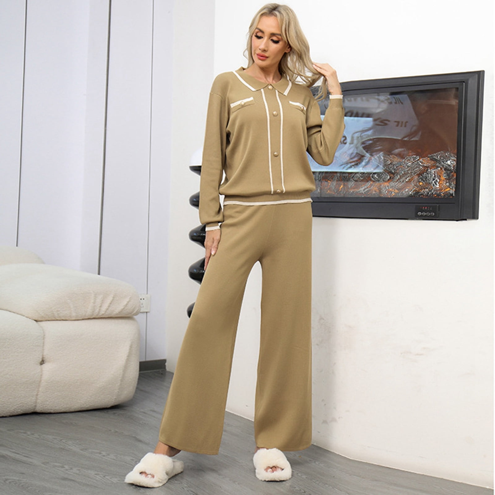 Women's Neck Button Loose Casual Wide Leg Pants Knit Set 2 Piece Outfit ...