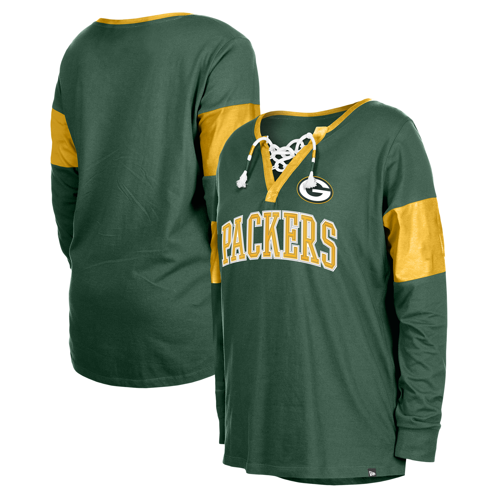 Women's New Era Green Green Bay Packers Lace-Up Notch-Neck Long Sleeve ...