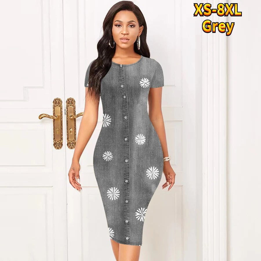Womens New High Waist Printed Half Sleeve Tight Dress Chic Round Neck