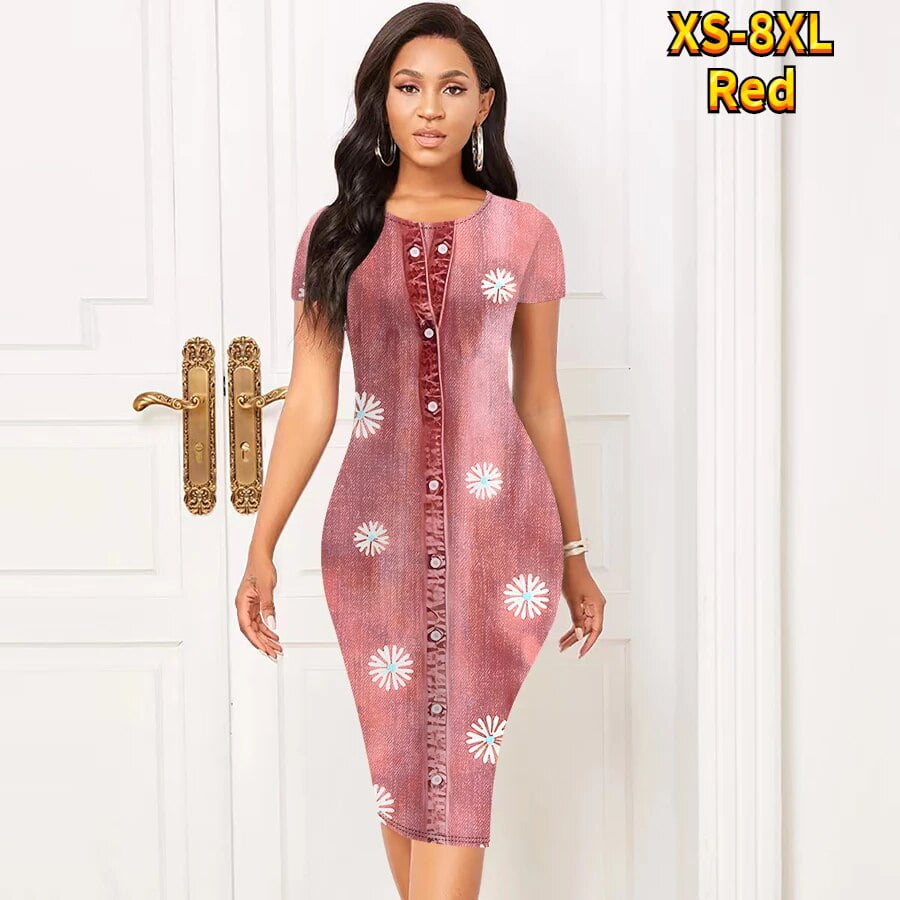 Womens New High Waist Printed Half Sleeve Tight Dress Chic Round Neck