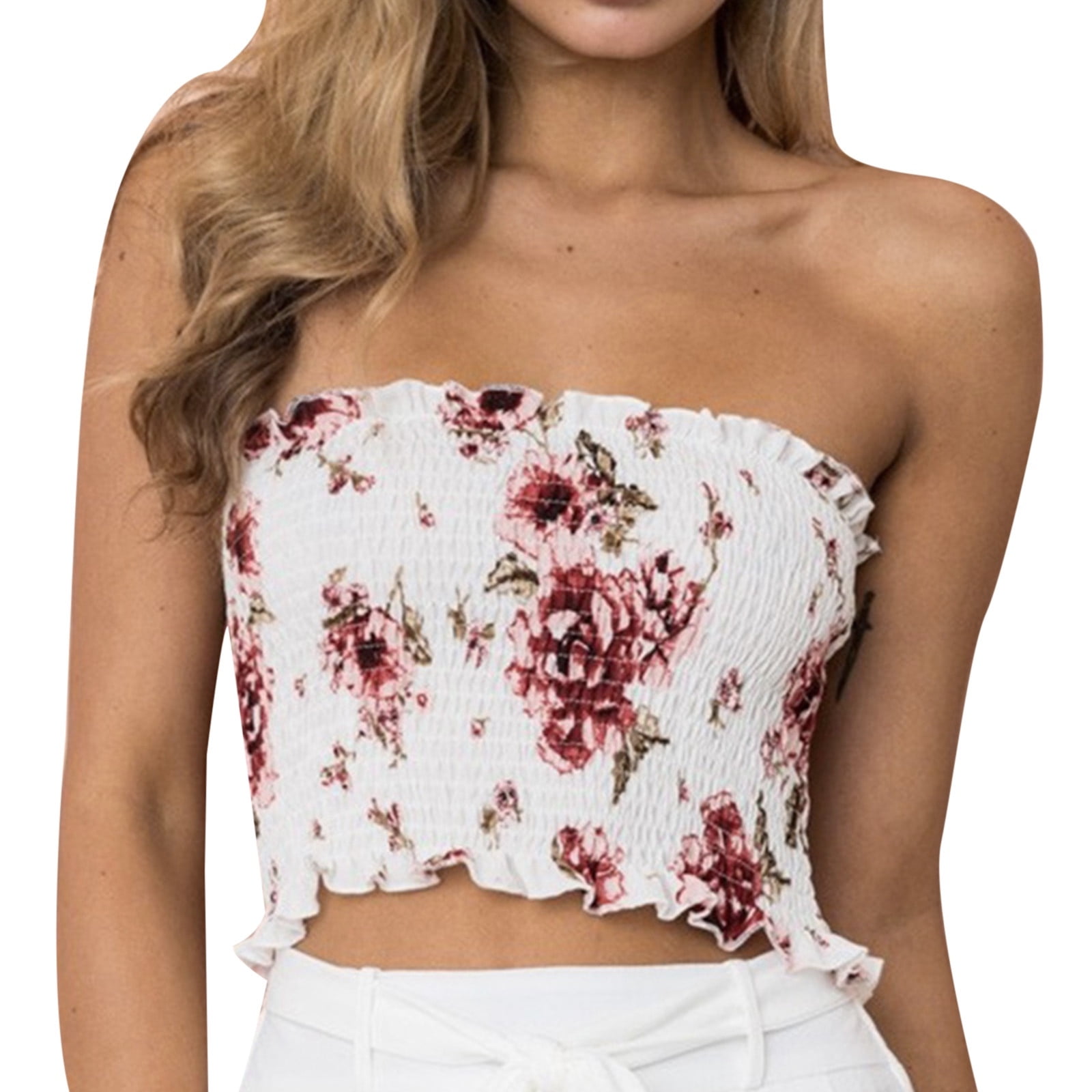 Womens New Sleeveless Floral Print Elastic Wrap Chest Wipe Tube Tops For Women Plus Size Tube
