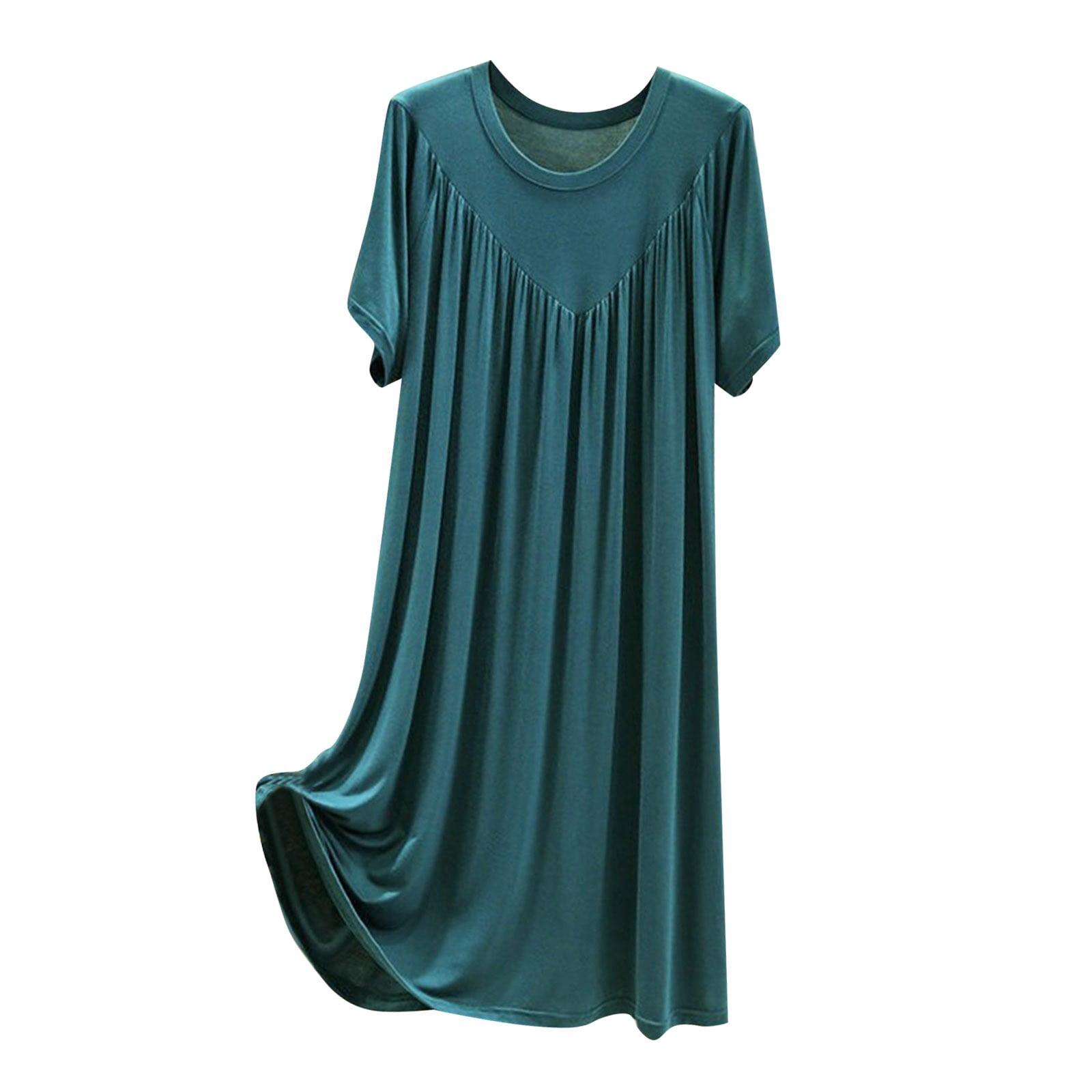Women's Nightdress Cotton Pleated Plain Crew Neck Negligee Short ...