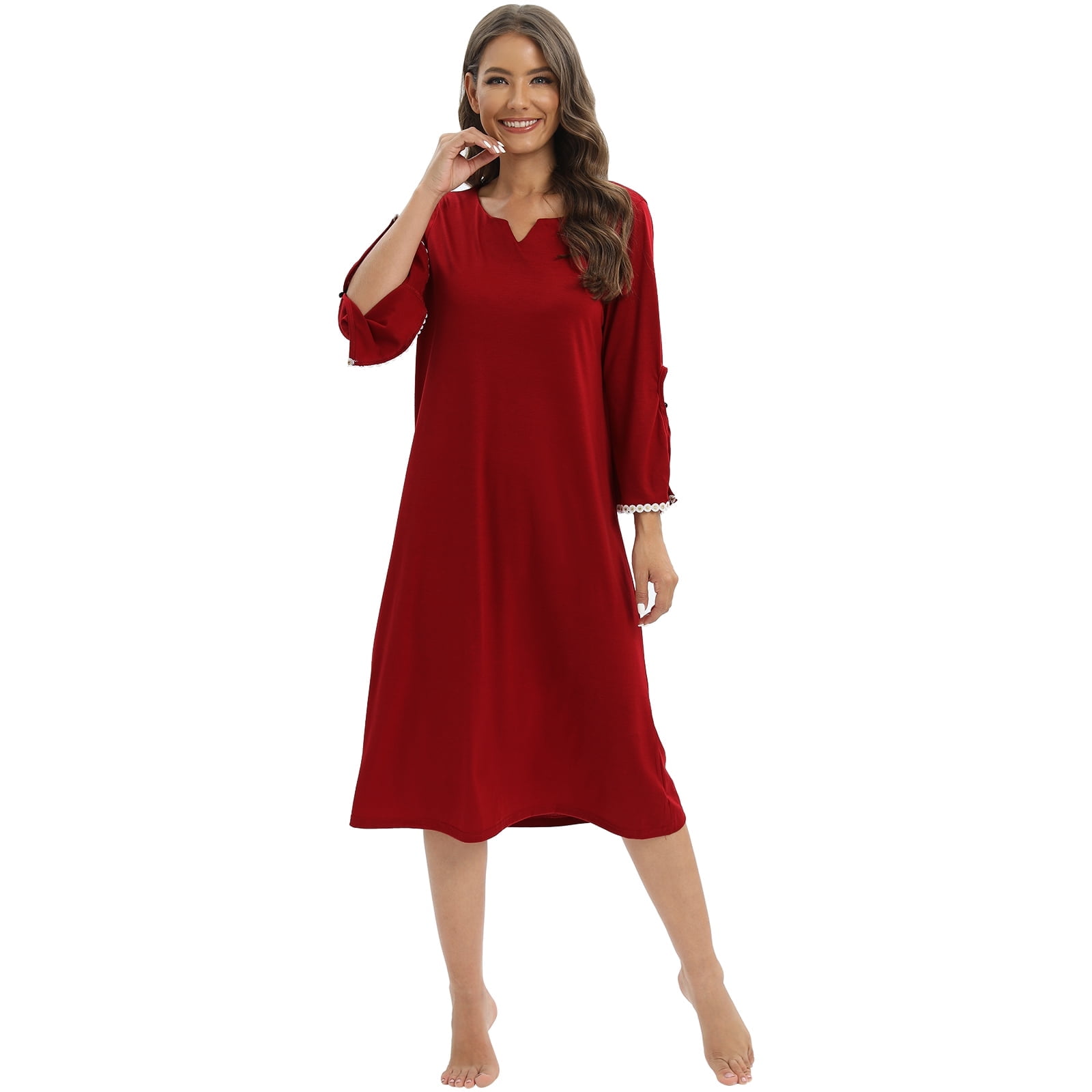 Women's Nightgown 3/4 Sleeve Slot Neck Nightshirt Sleepwear Side Slit ...