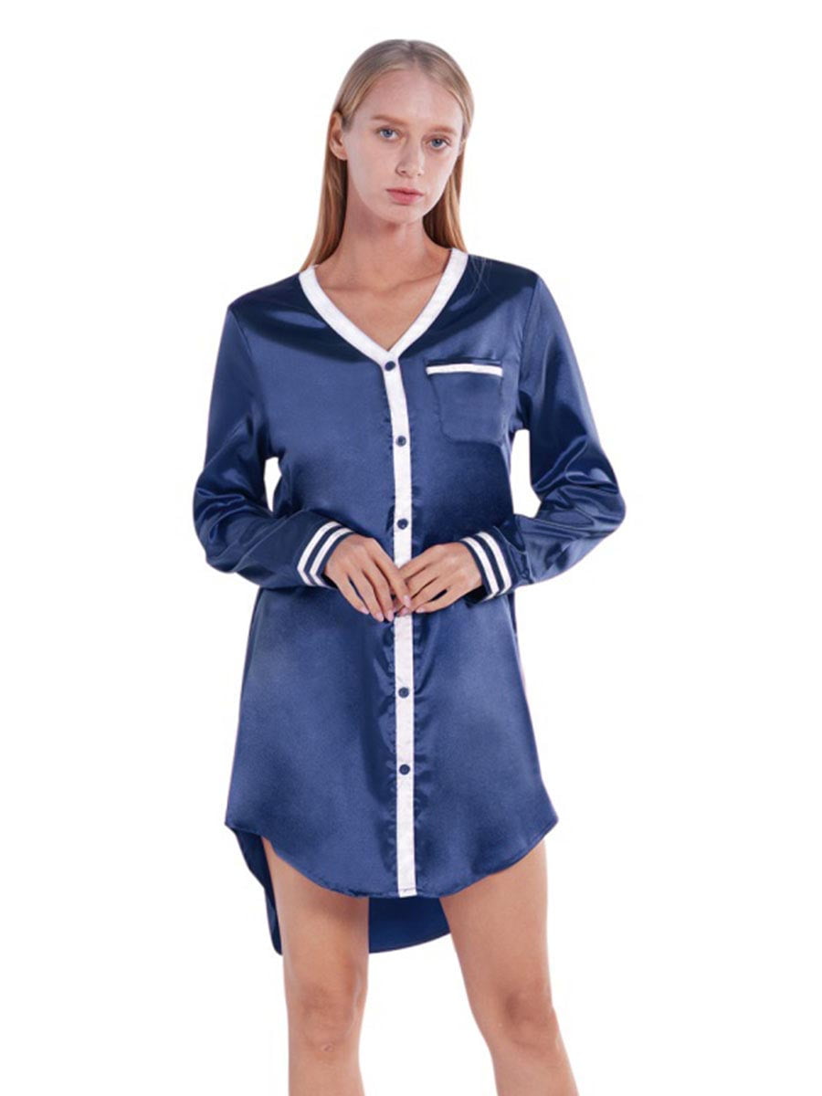 Women's Nightgown Button Down Sleepshirt Satin Long Sleeve Nightshirt ...