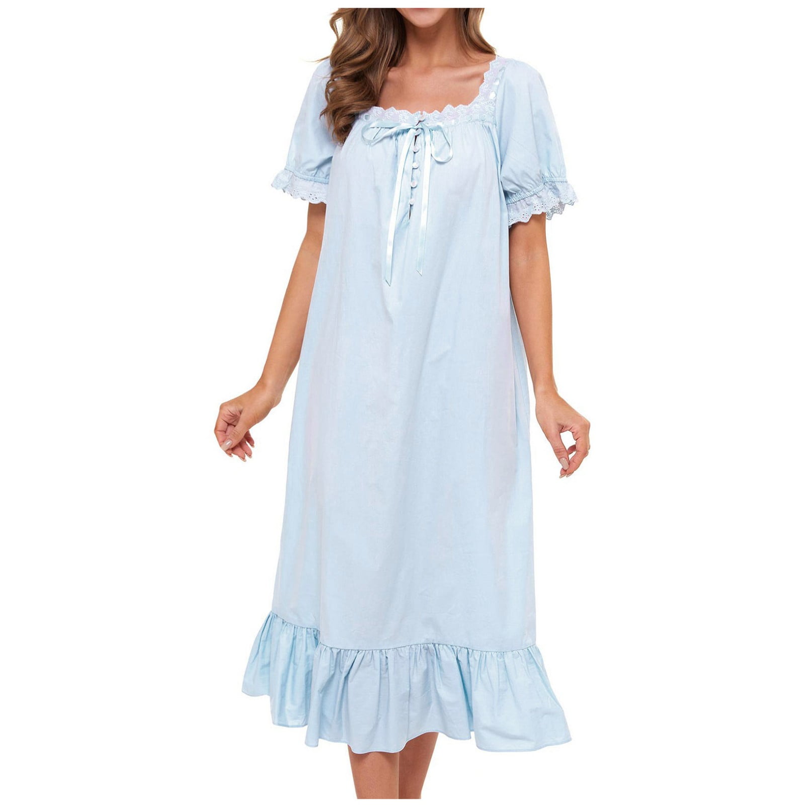 Women's Nightgown Cotton Sleepwear Long Loungewear Short Sleeve Vintage ...