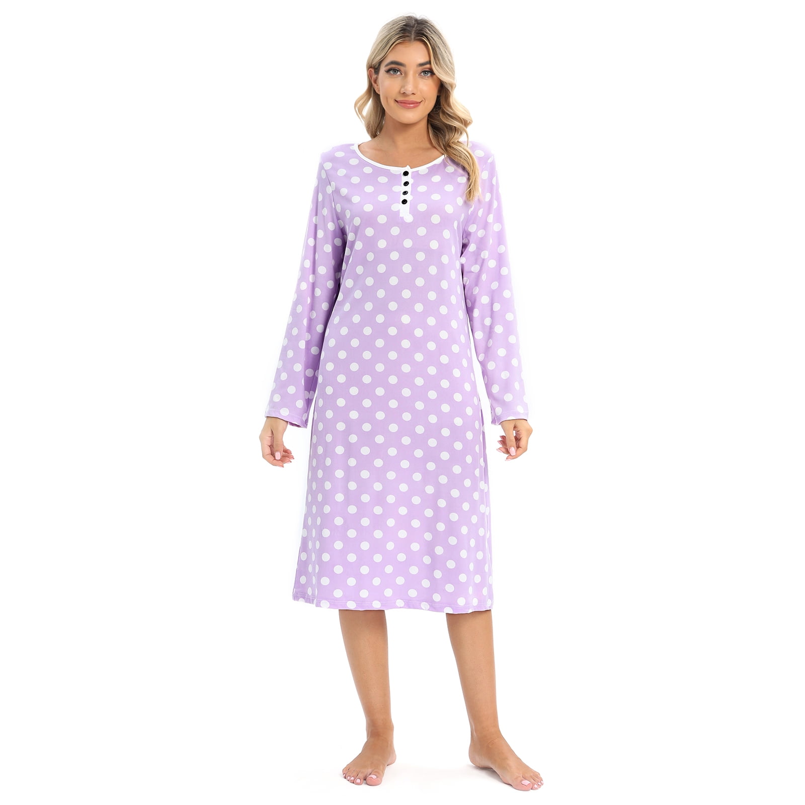 Walmart Women's Retro Dot Long Sleeve Nightgown, Button Down Over-the ...