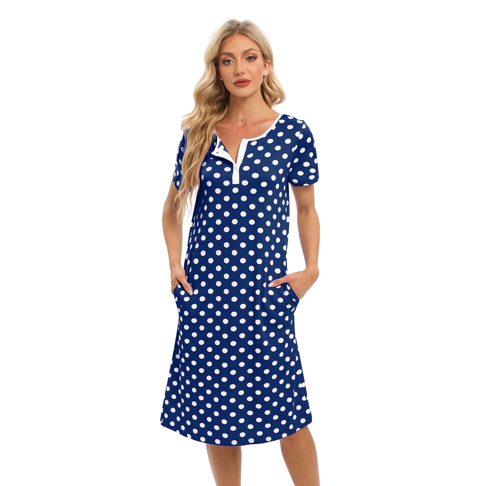 Women's Retro Polka Dot Long Sleeve Button-Up Nightgown with Pockets ...