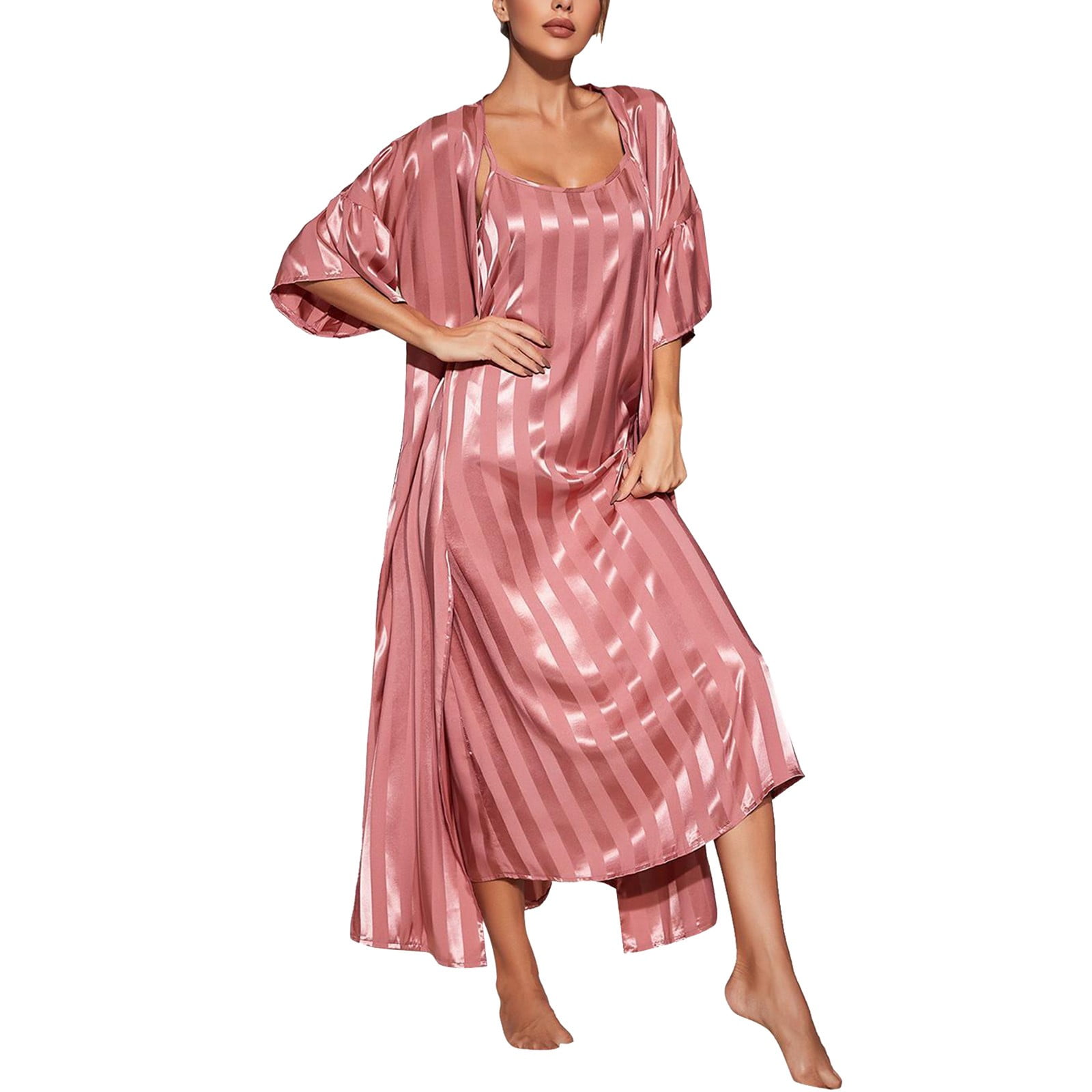 Women's Nightgown Robe Set 2 Piece Striped Satin Long Nighties Bathrobe ...
