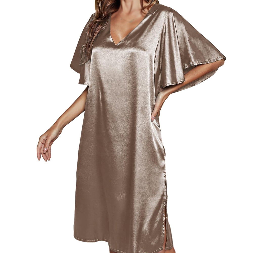 Women's Nightgowns, Satin Nightshirt Sexy Sleep Dress Short Sleeve ...