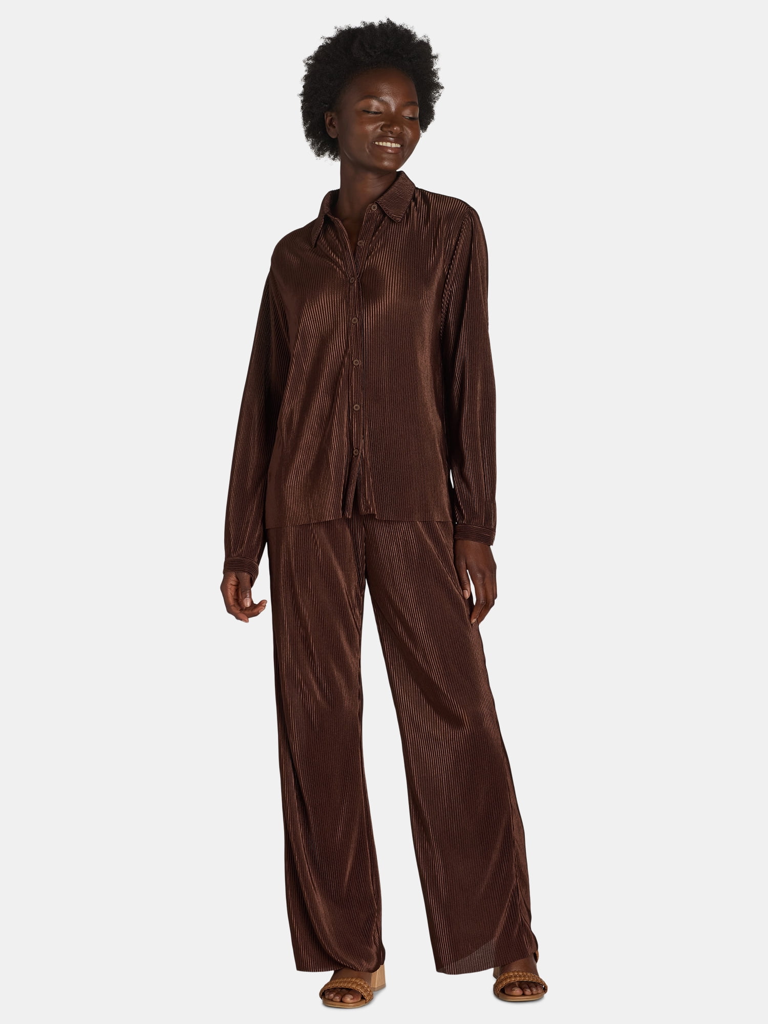 Nine.Eight Women's and Women's Plus Plisse Pleat Shirt and Pants Set, 2 ...
