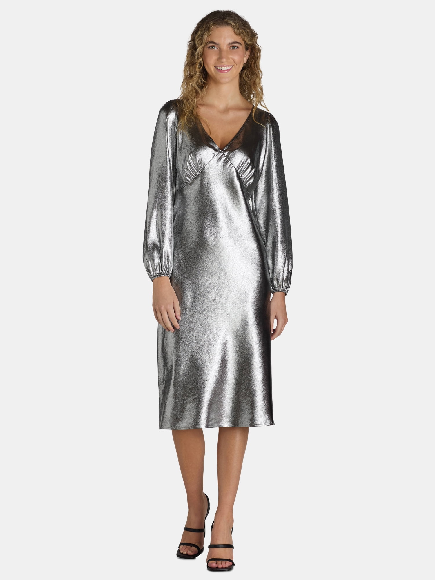 Nine.Eight Women's Satin V-Neck Midi Dress with Long Sleeves, XS-4X ...