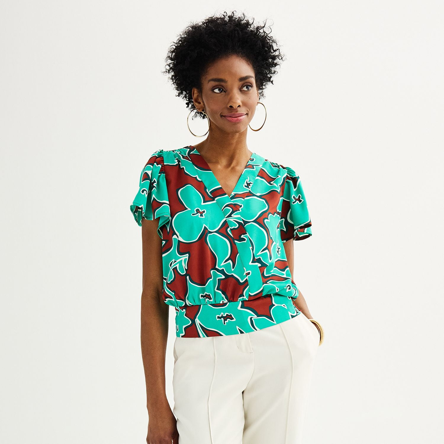 Women's Nine West Banded Flutter Sleeve V-Neck Top Color: Teal Mid ...