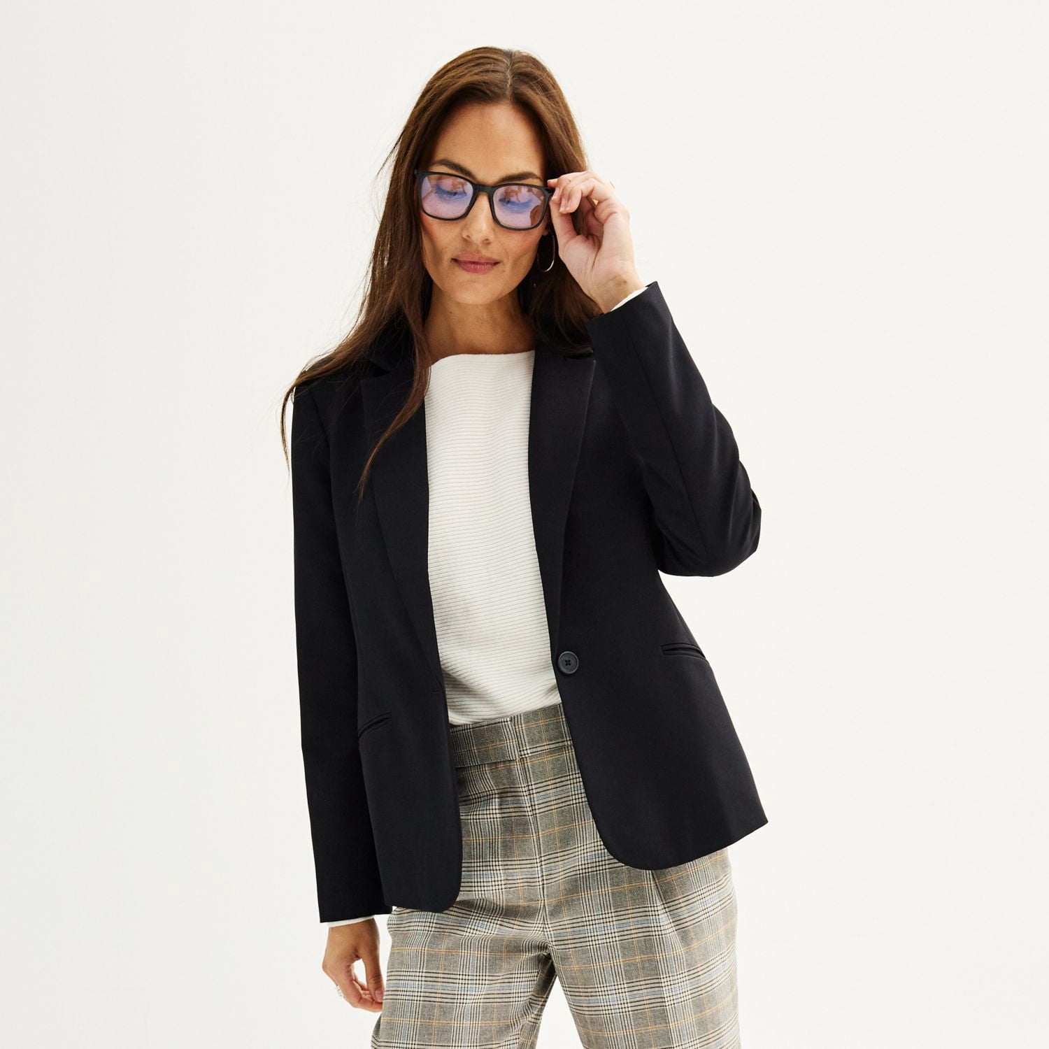 Women's Nine West Classic Single Button Blazer Color: Mineral Black ...